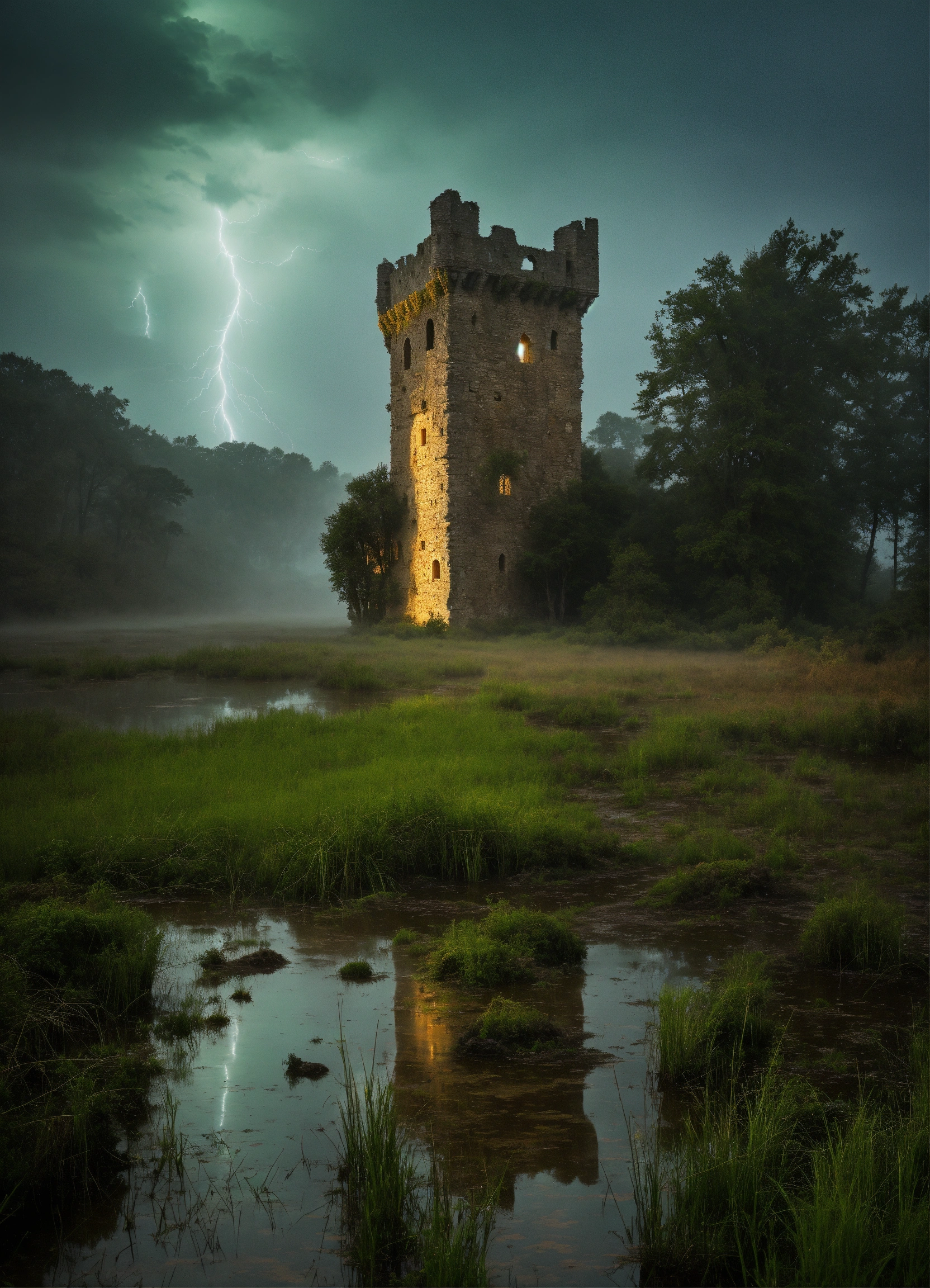 Lexica - Ruin of a stone castle in the middle of a foggy swamp ...