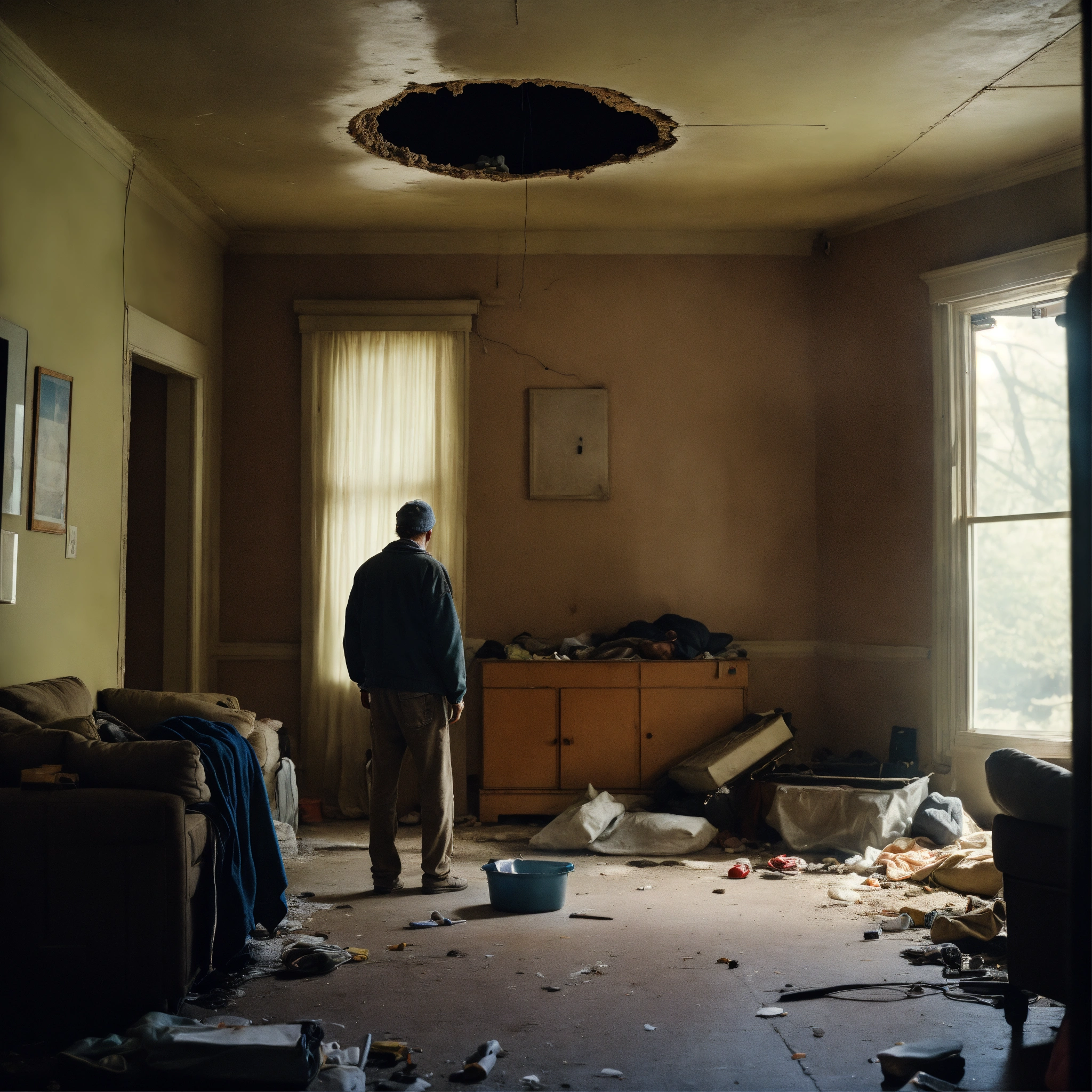 Lexica - Cinematic photograph of a homeless man looking up into a large ...