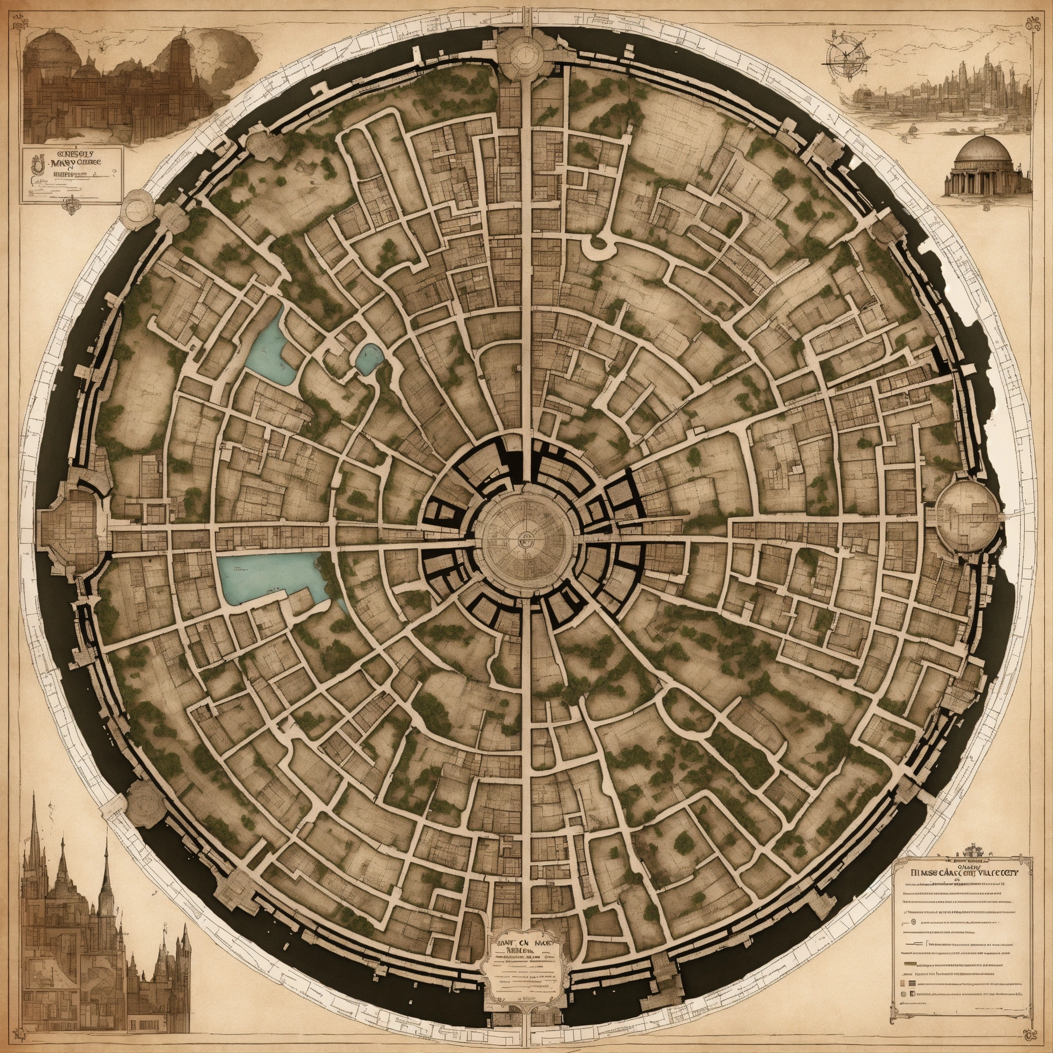 Lexica - Inked map of a massive fantasy city with a big dome in the middle.