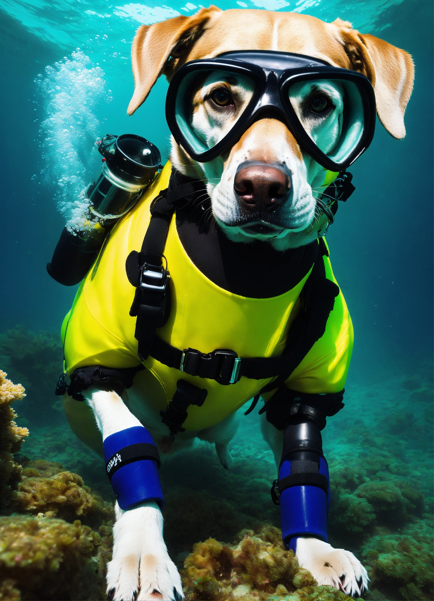 Lexica - Generate an image of a dog biking underwater in a scuba diver ...