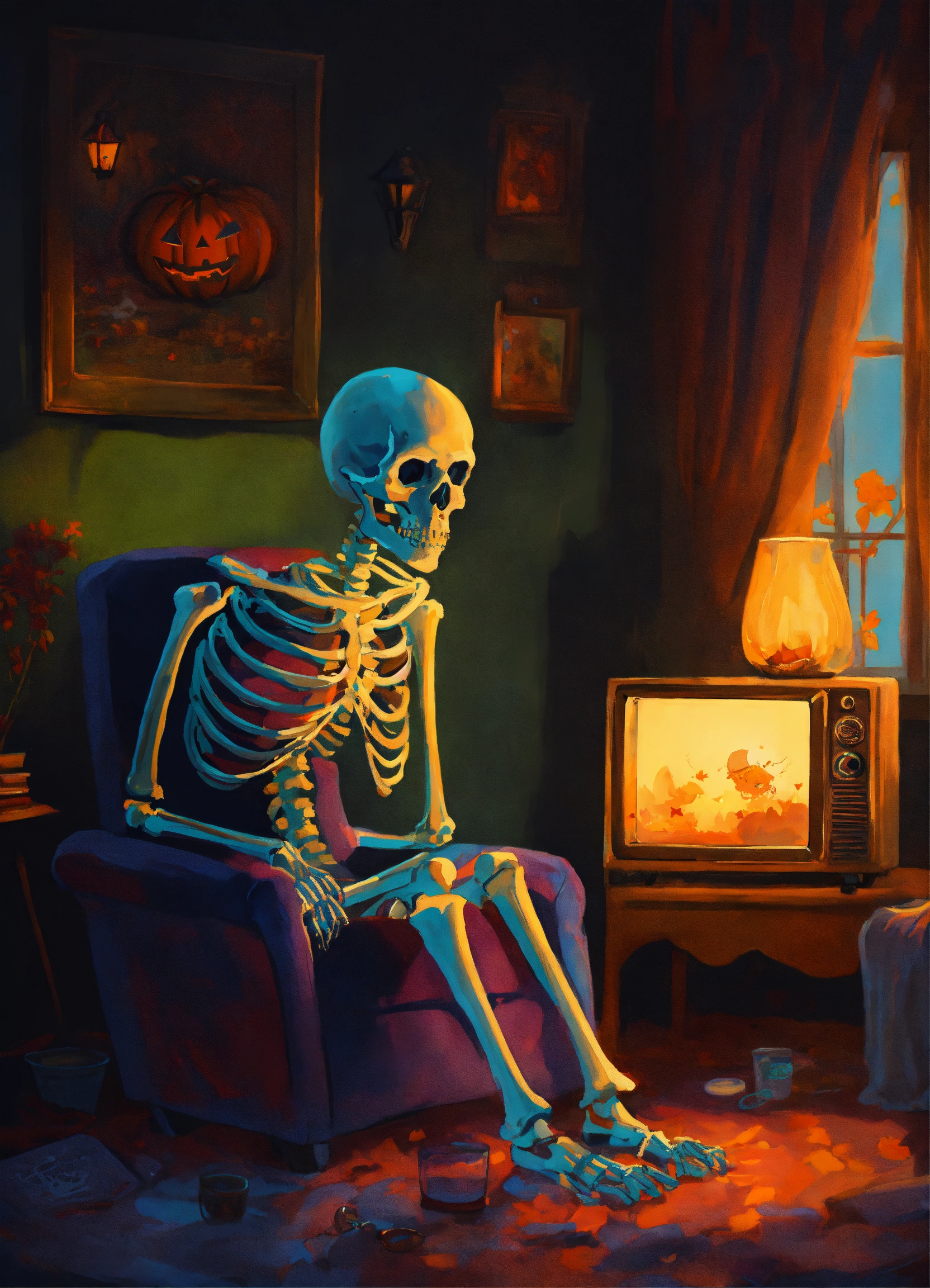 Lexica - A painting of a lazy skeleton watching television in a dark ...