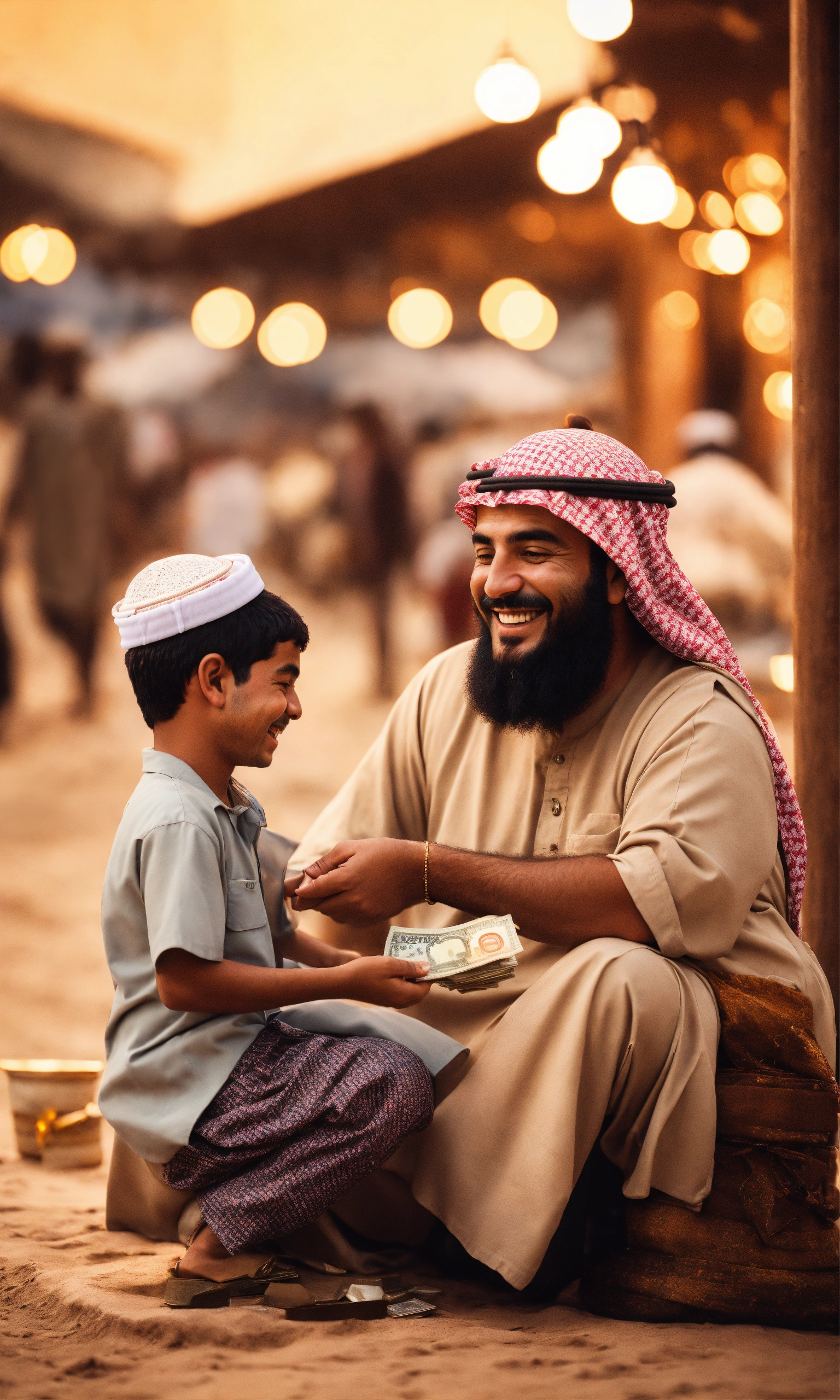 Lexica - A smiling plump arab merchant, giving money to his son ...