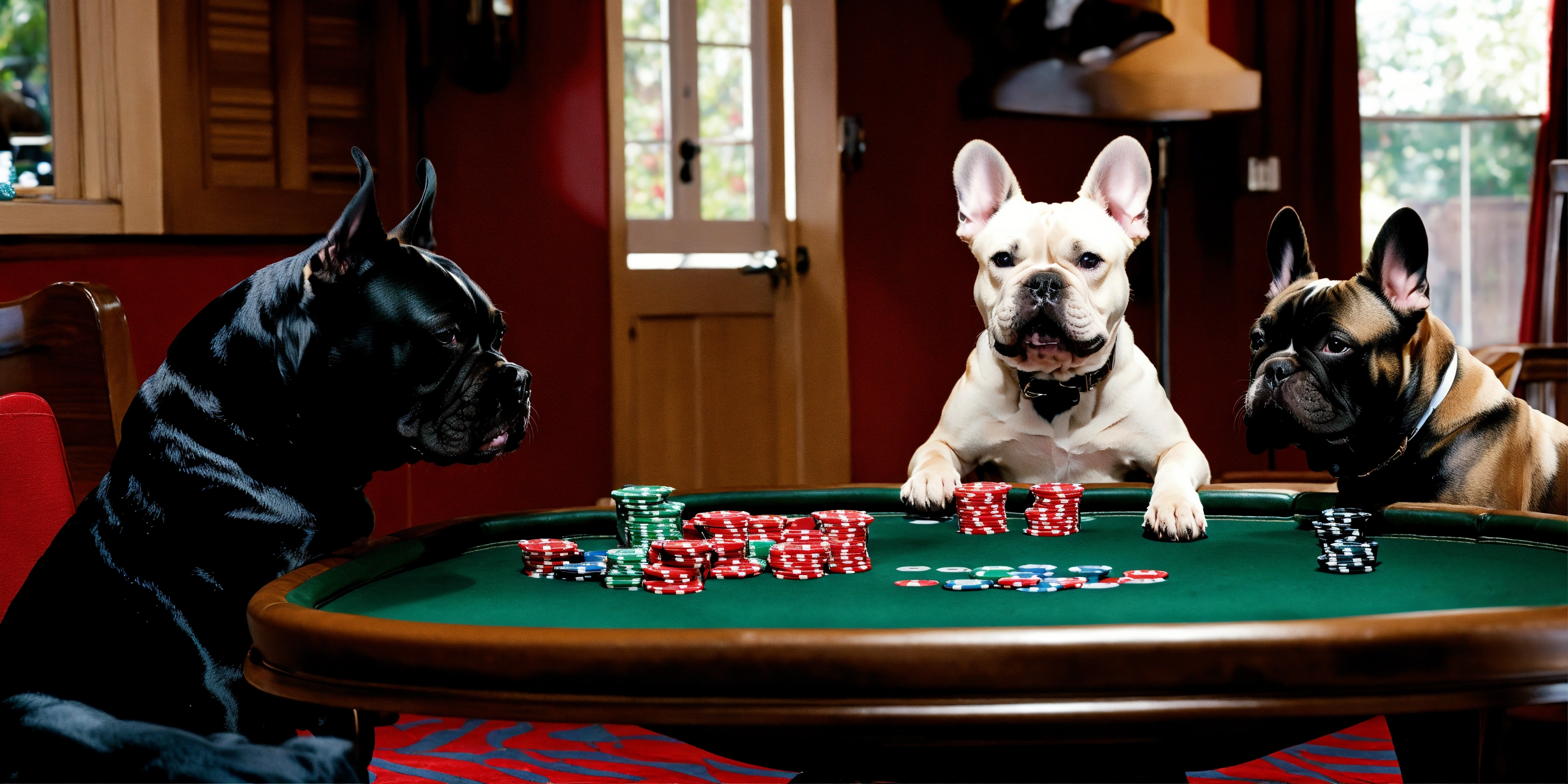 Lexica - A pitbull, french bulldog, and a black lab playing poker