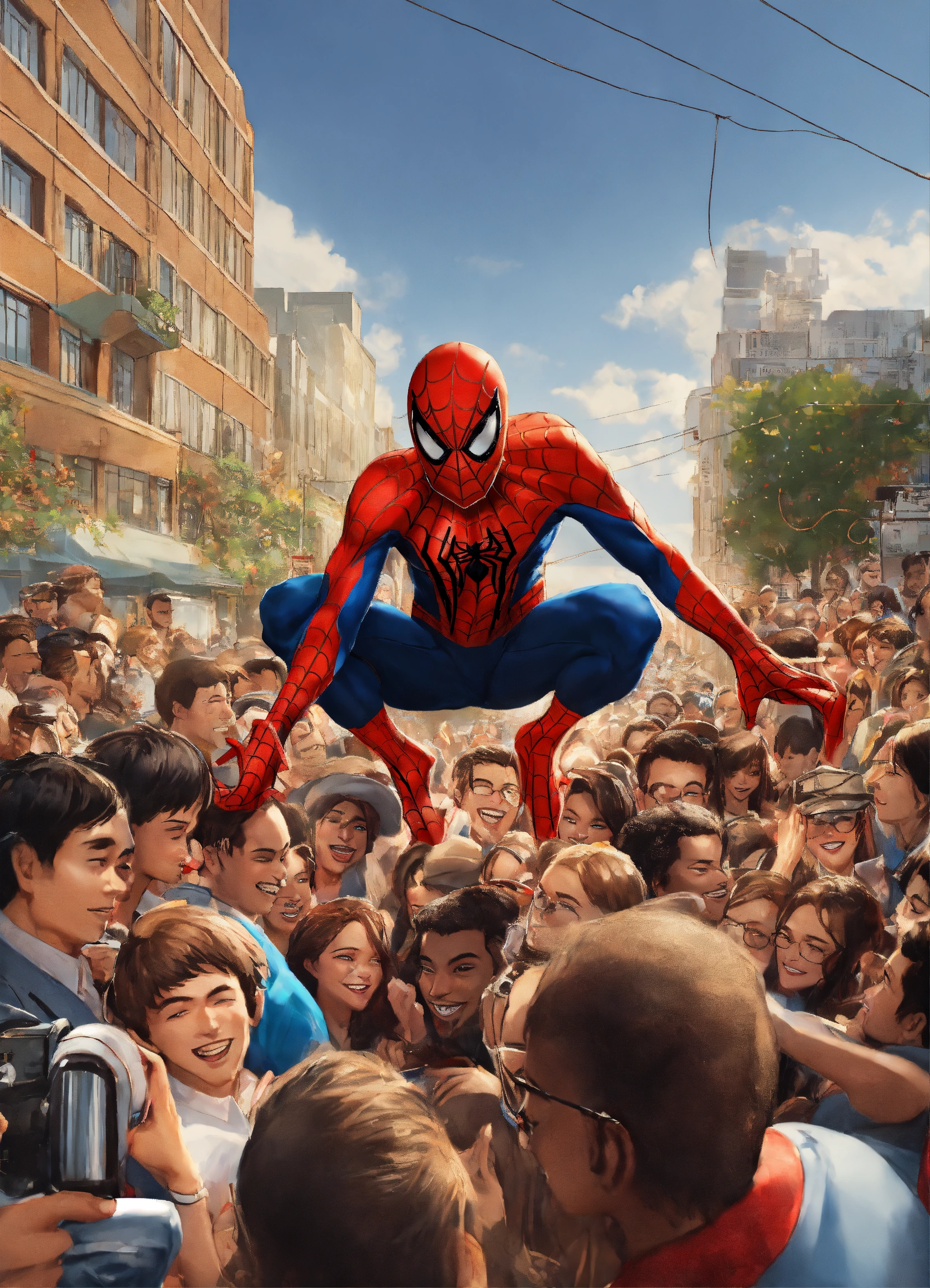 Lexica - Spiderman is surrounded by many people and praises him, a ...