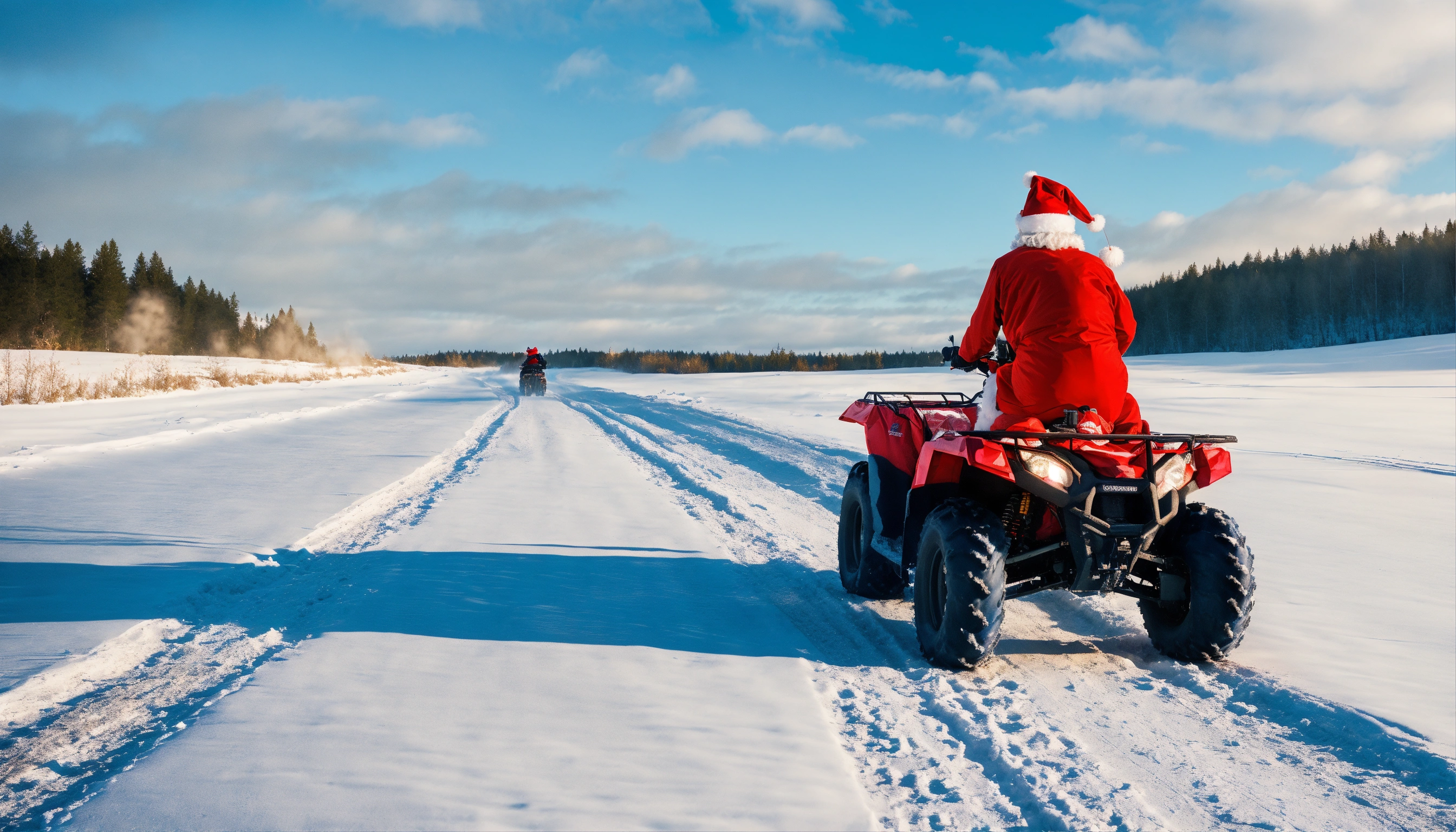 Lexica - Santa Claus with big sack bag rides along a snowy road on an ...