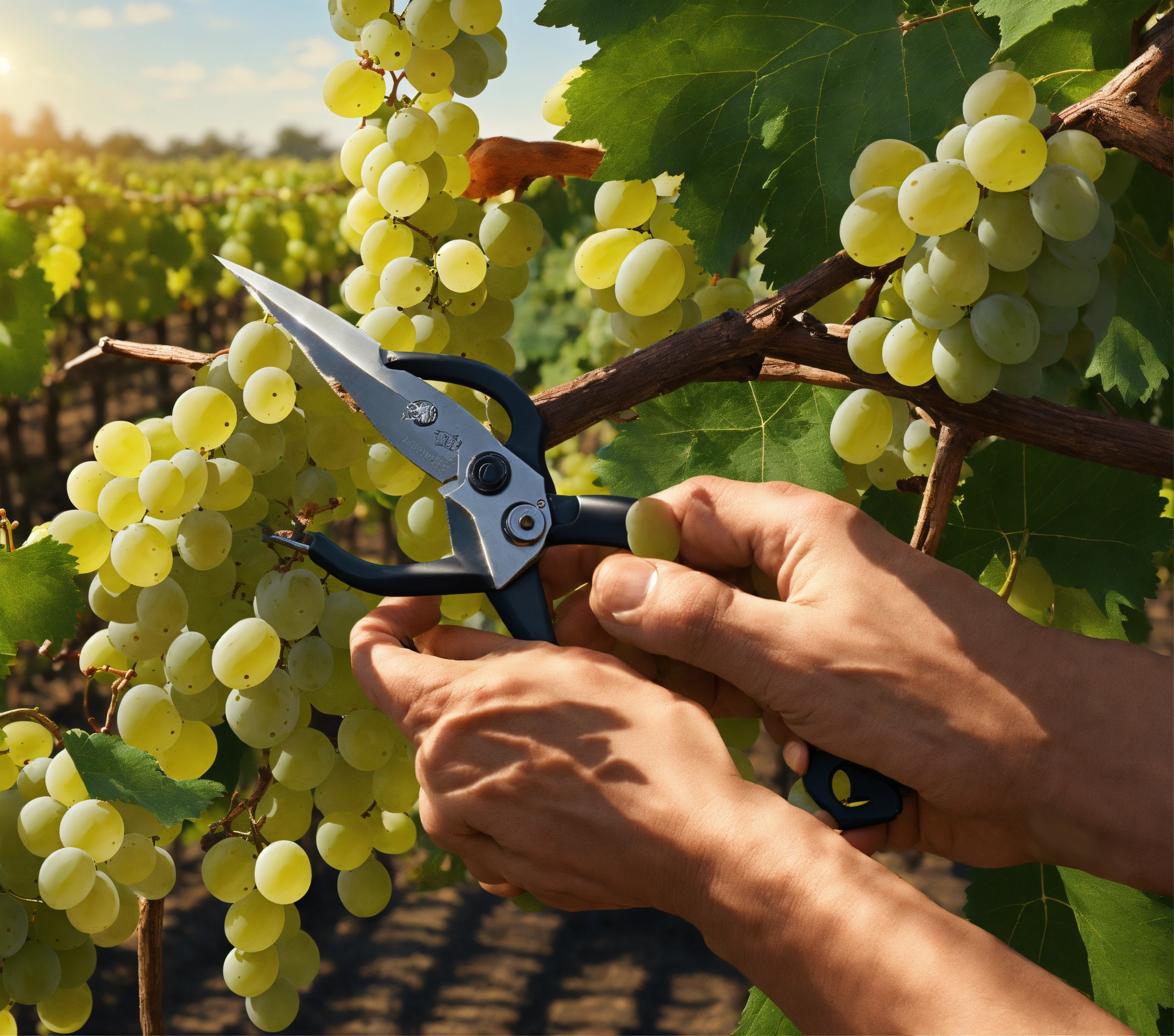 Lexica - A hand and secateurs, pruning a grape vine, detailed, sharp ...