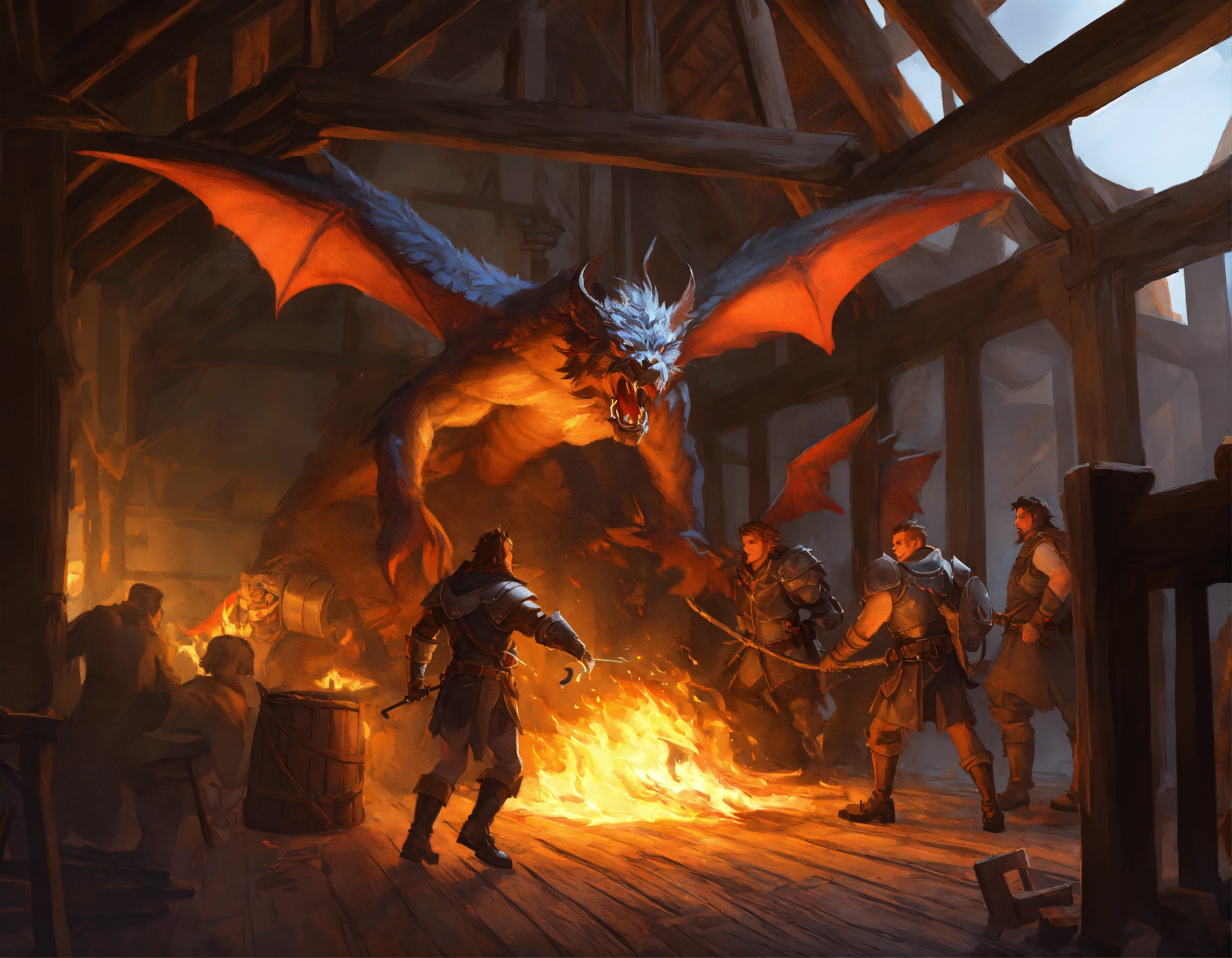 Lexica - Fantasy adventurers in an old barn battling small winged fire ...