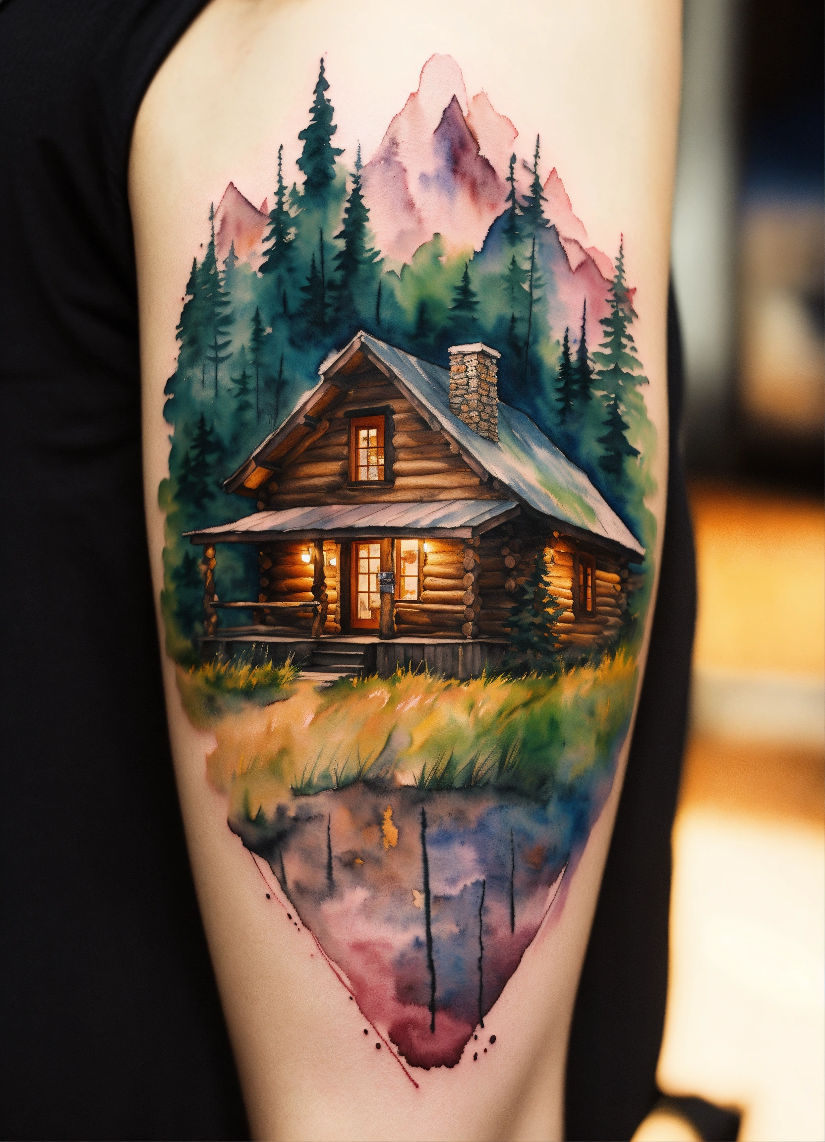 Lexica - Tattoo of a log cabin in watercolor style