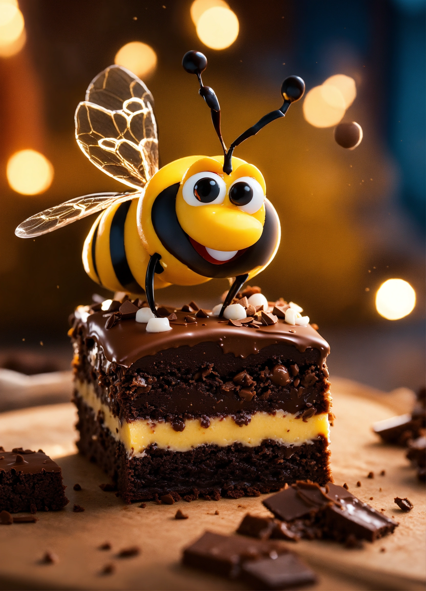 Lexica - A 3D full body pixar bee flying up a beautiful brownie of ...