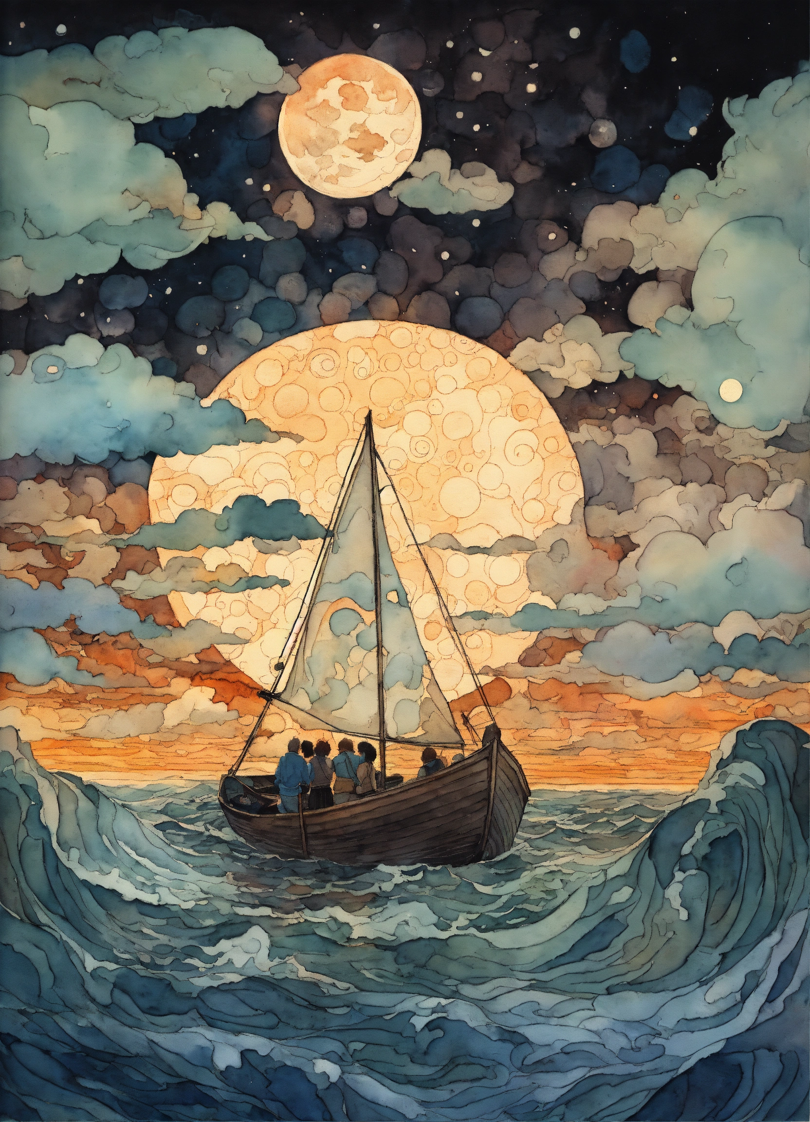 Lexica - Silhouettes of people in waves tessellation. a boat in a dark ...