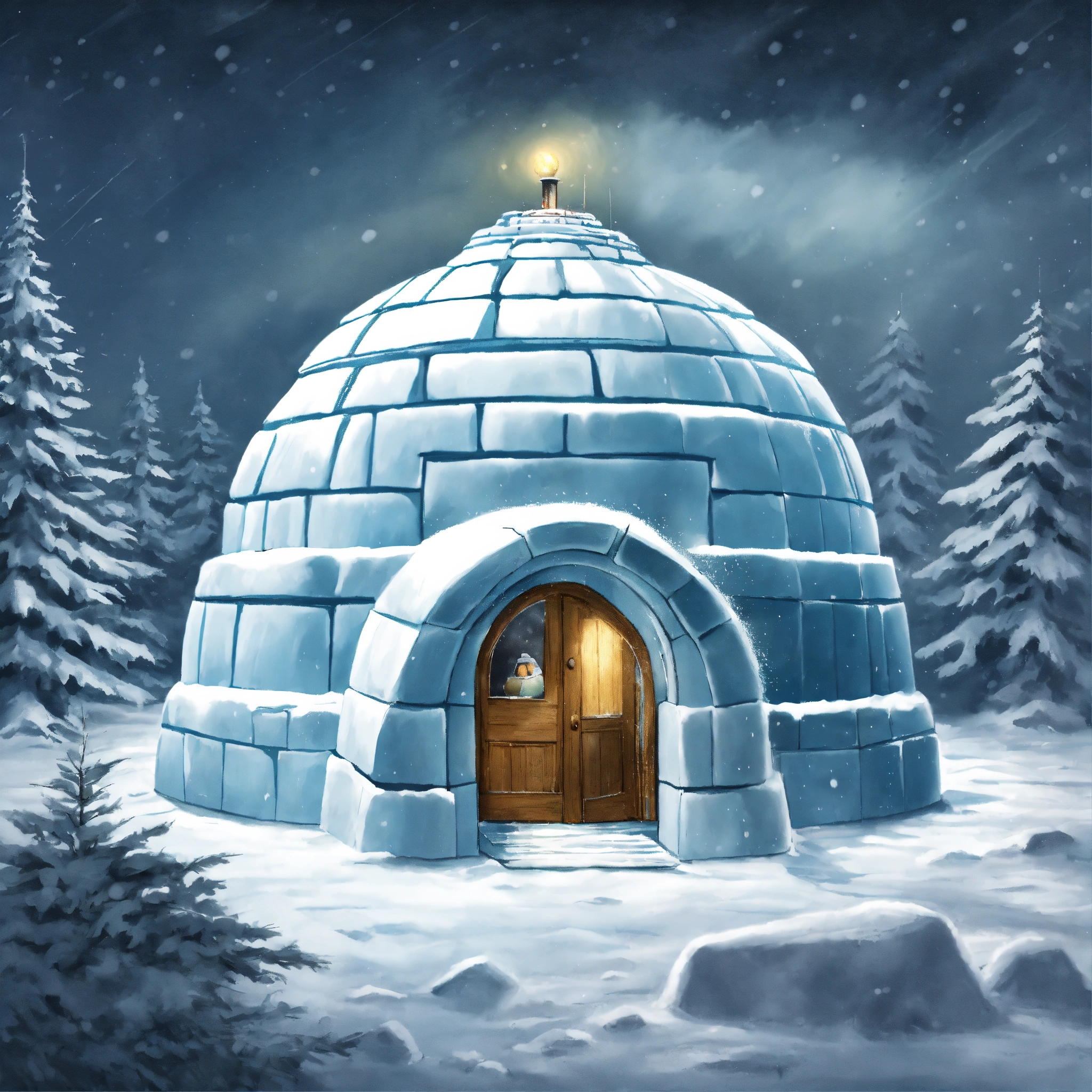 Lexica - A detailed illustration of a igloo on a floating iceberg in a snow storm from a worm's ...