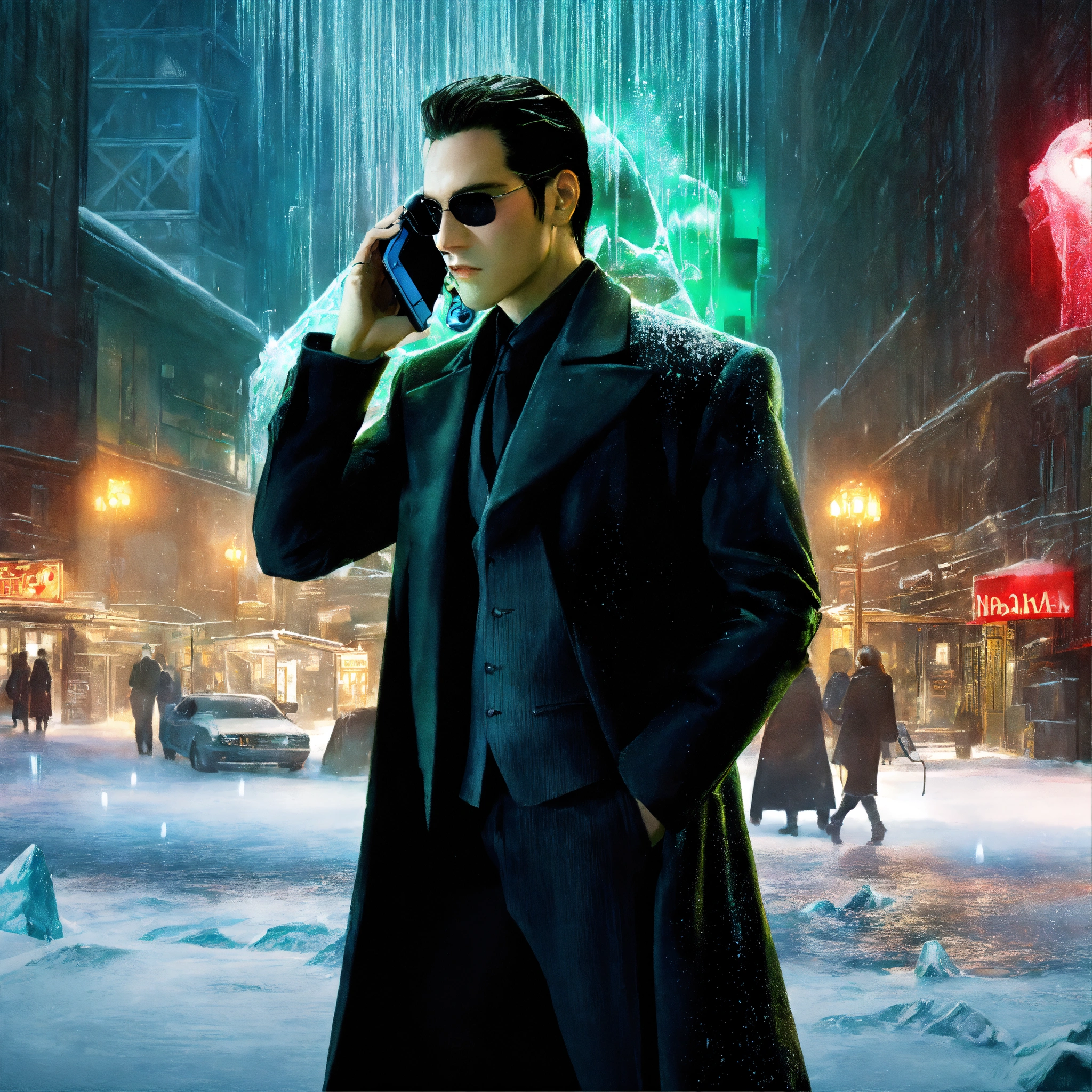 Lexica - Frozen neo from the matrix calling on an ice phone