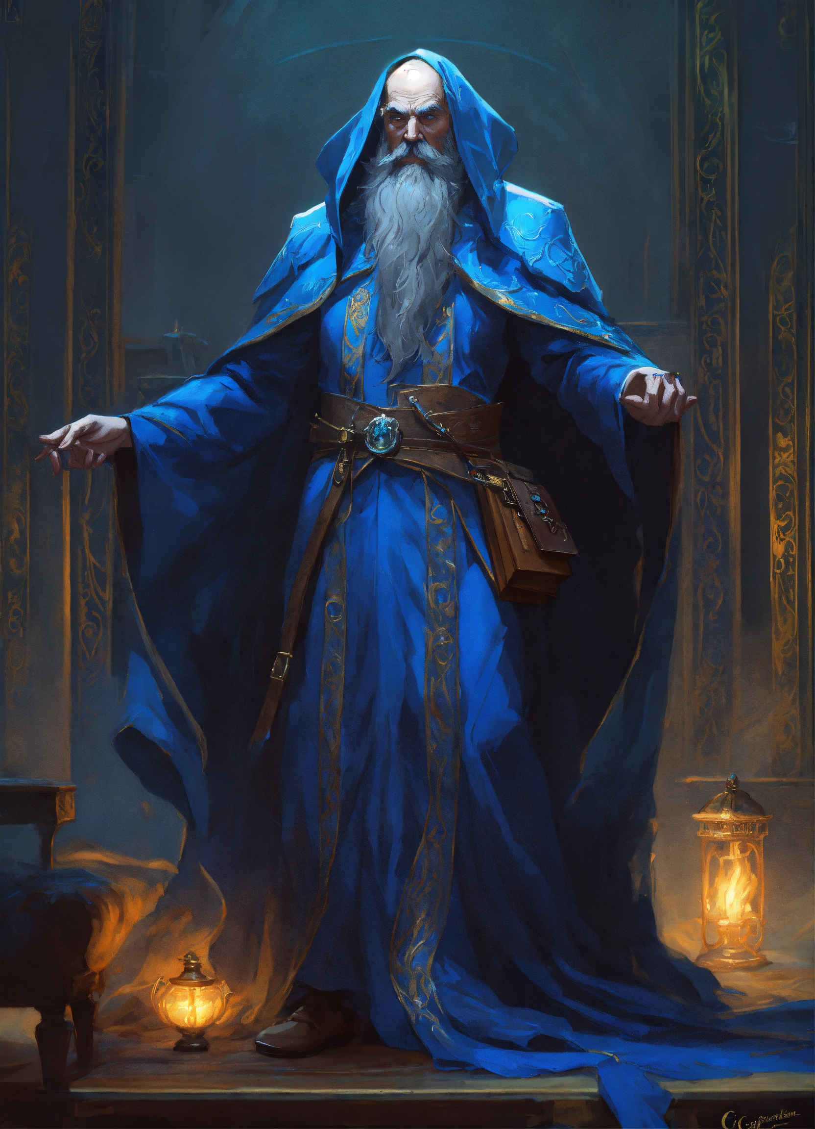 Lexica - Evil wizard, long blue beard, thin body, long suit with edges ...