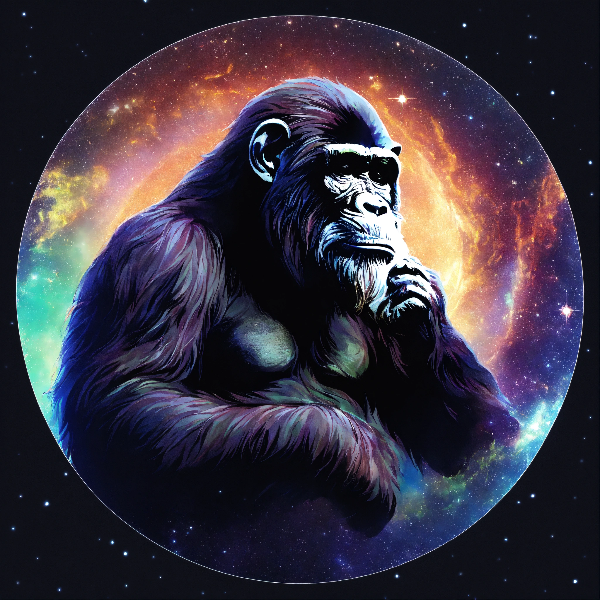 Lexica - Apes praying to a human god in space, in circle image ...