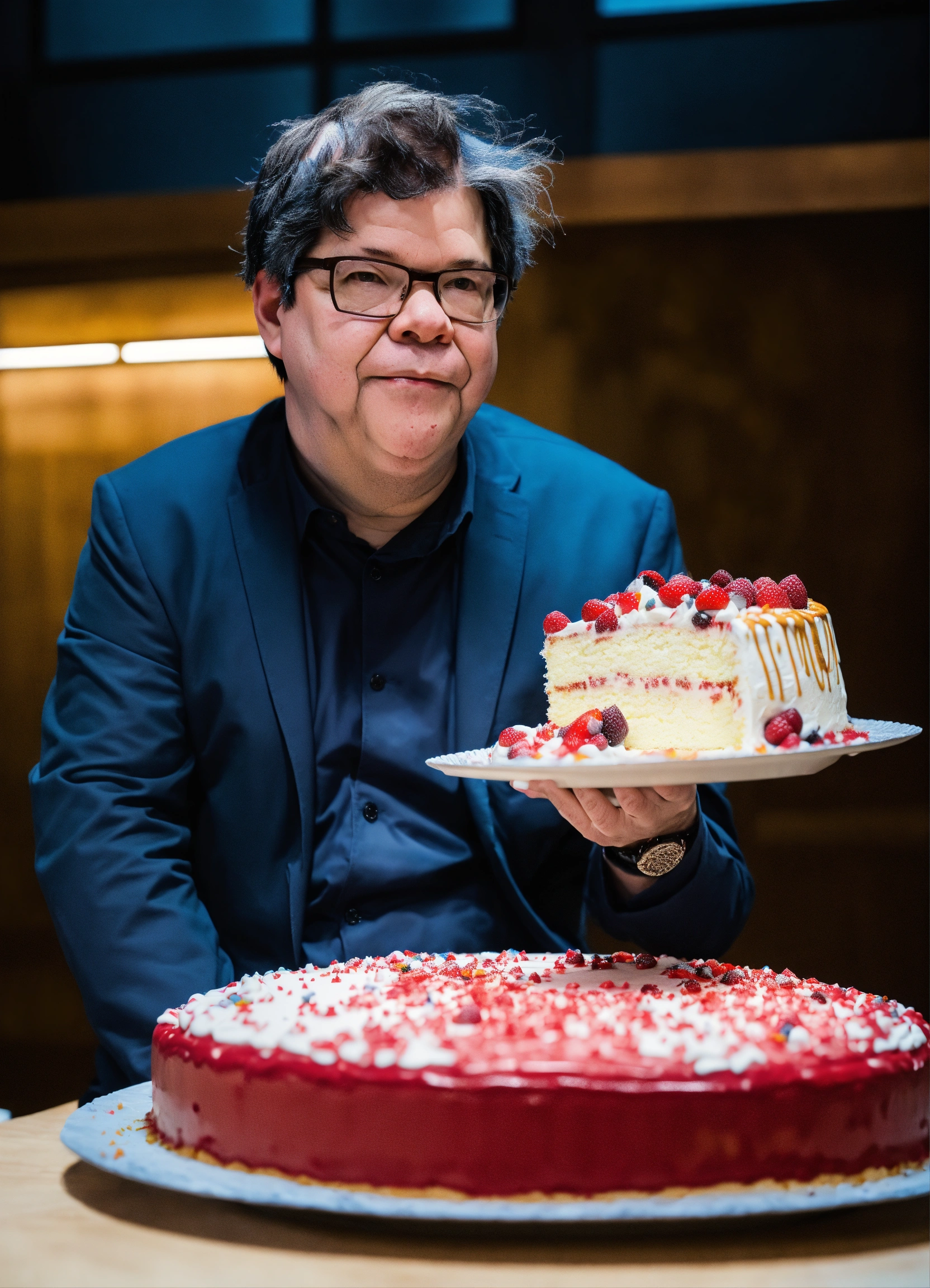 Lexica - Yann LeCun eating a massive cake with the cake next to him