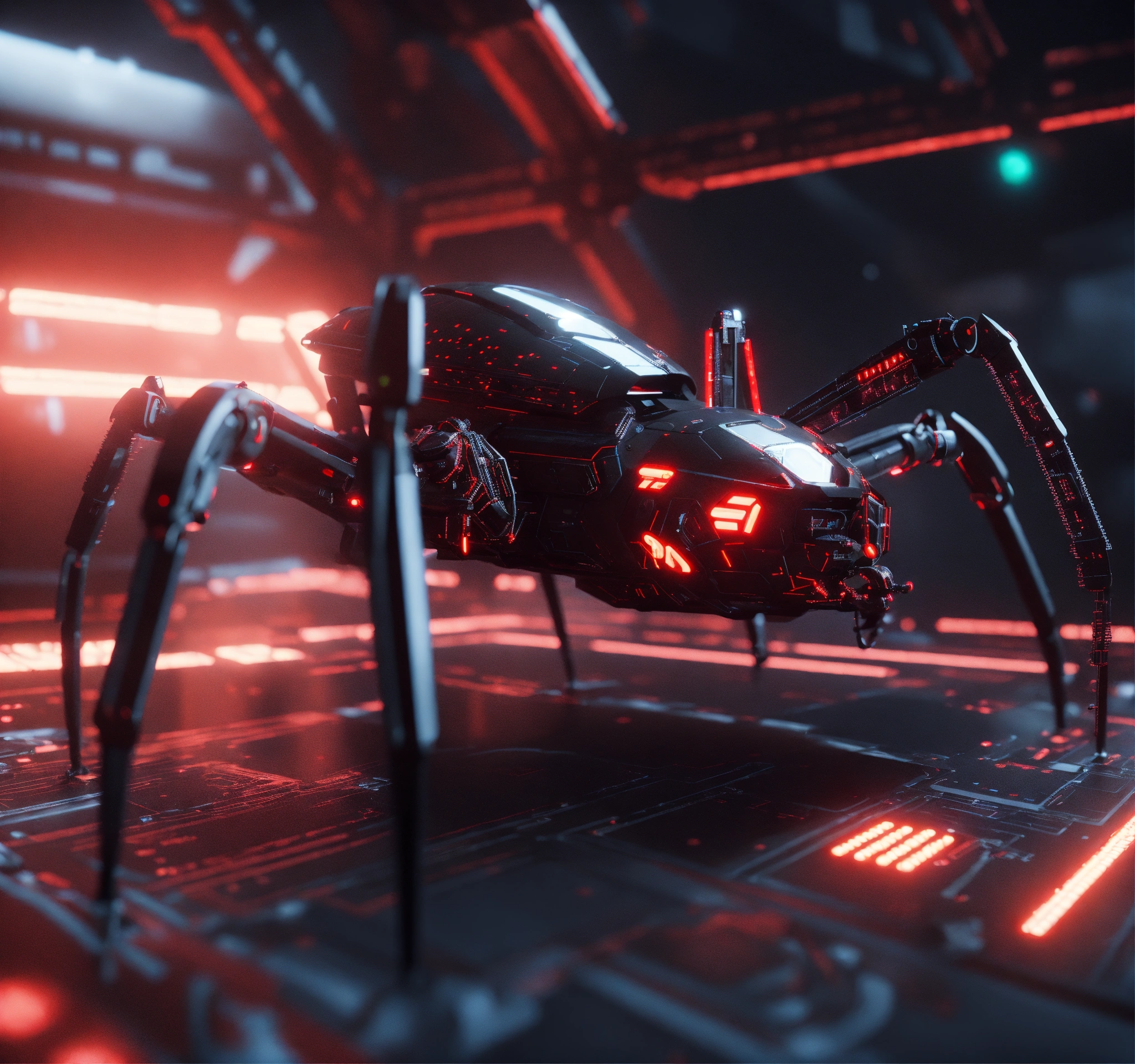 Lexica - Zoom out on a extra long black robotic black widow spider ...