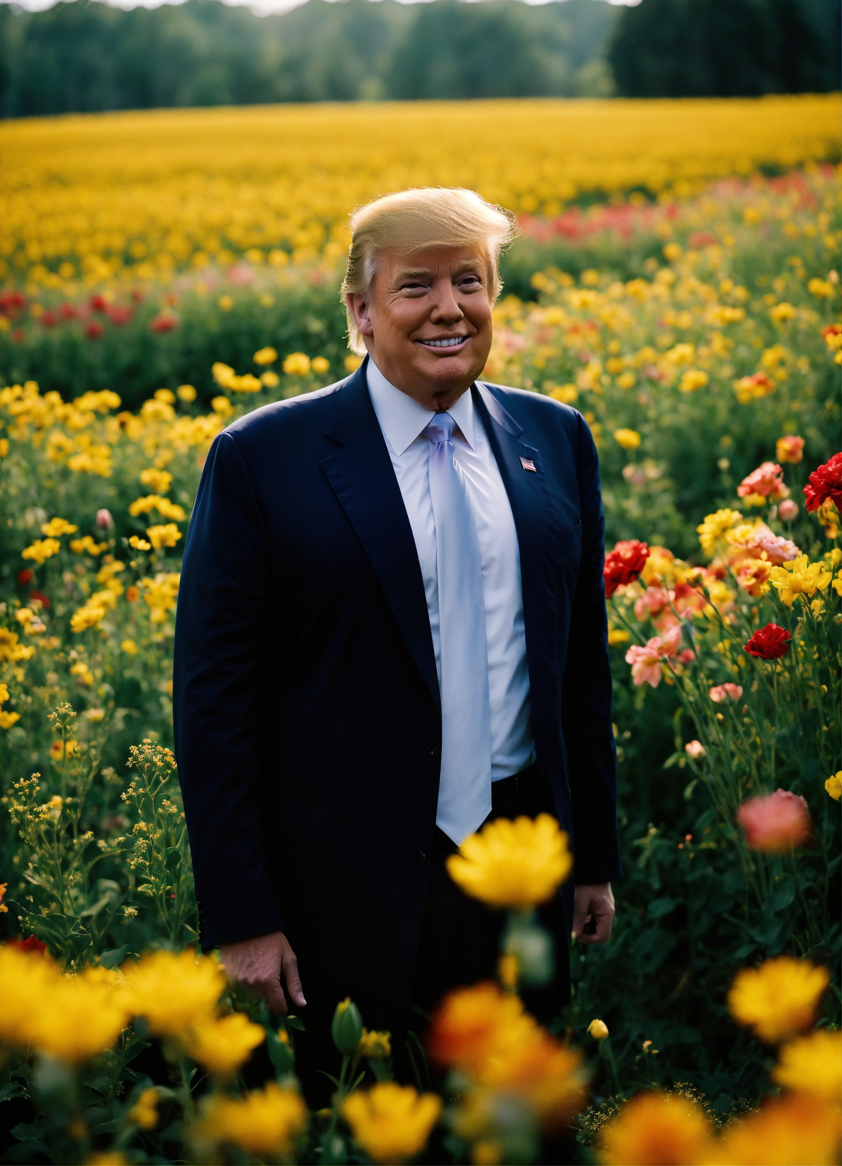 Lexica - Happy Donald Trump standing in a beautiful field of flowers ...