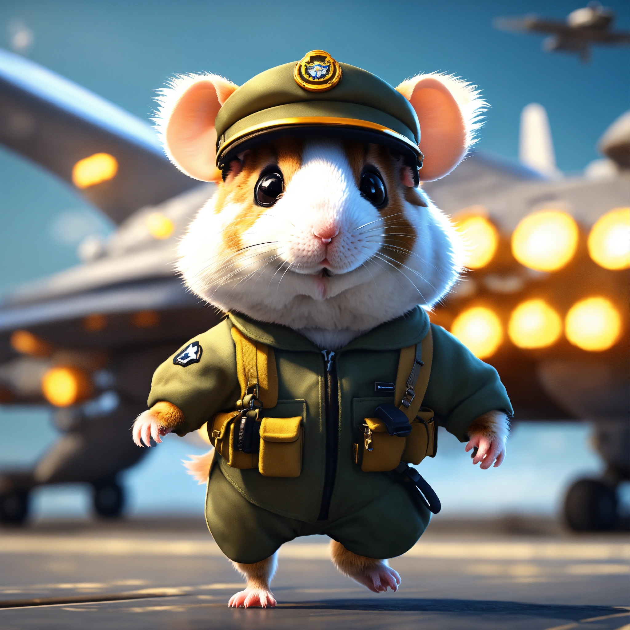 Lexica - A cute fluffy hamster pilot walking on a military aircraft ...