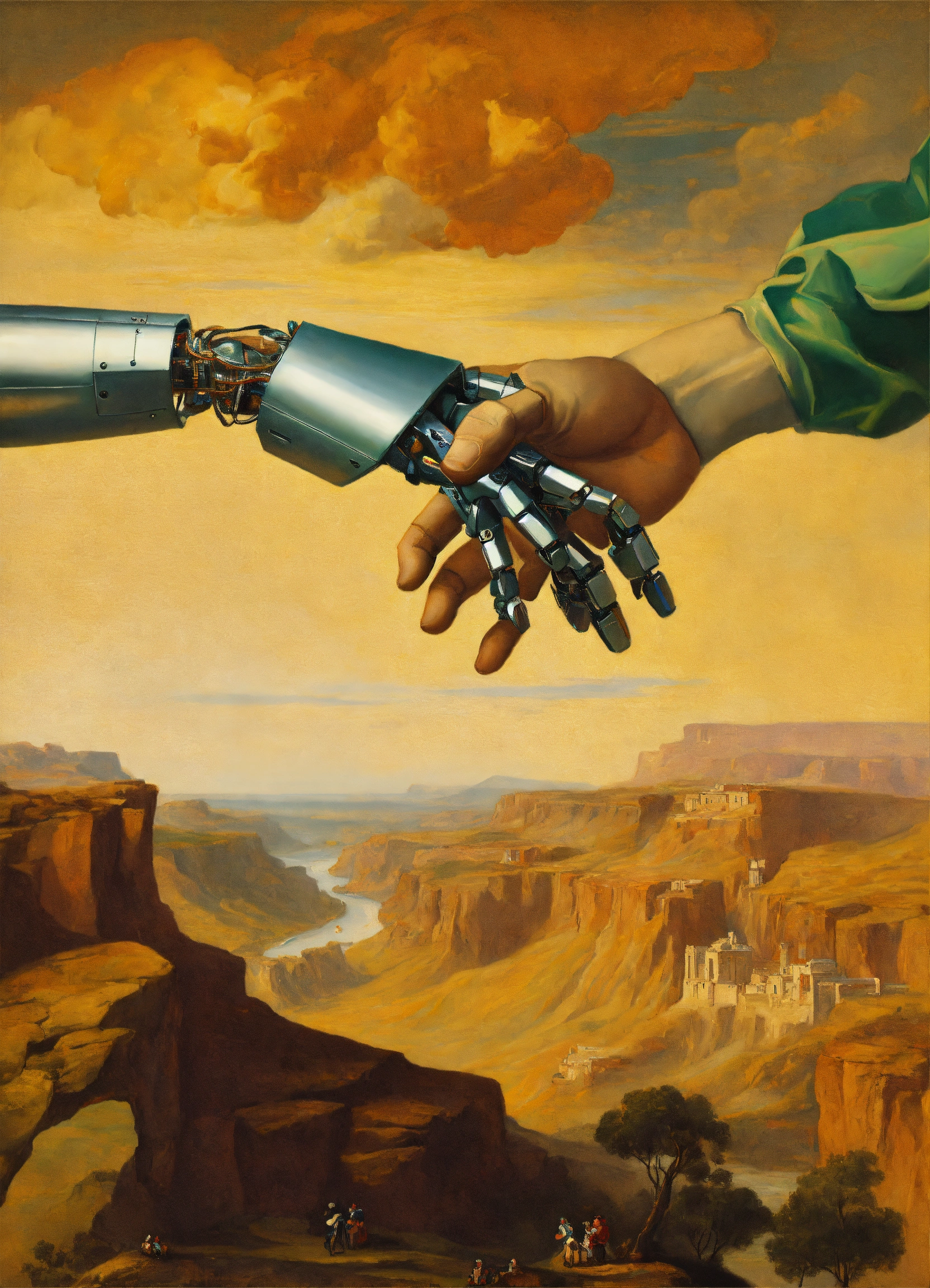 Lexica - A painting of A robot hand connecting to a human hand like the ...