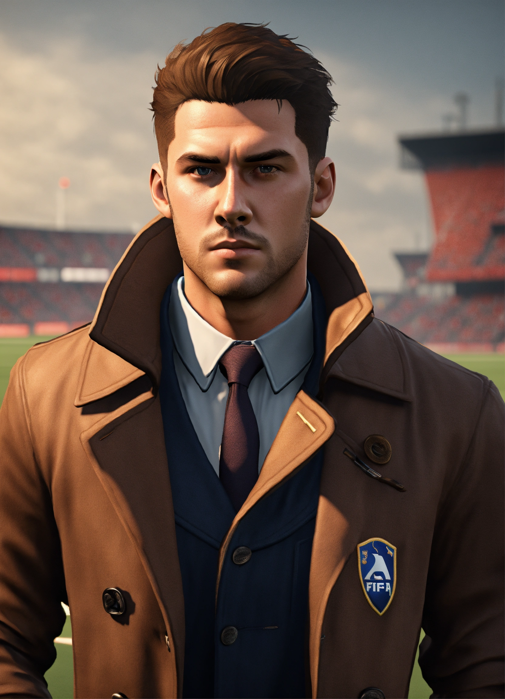 Lexica - Fifa video game style, wearing a peacoat, a brown haired ...