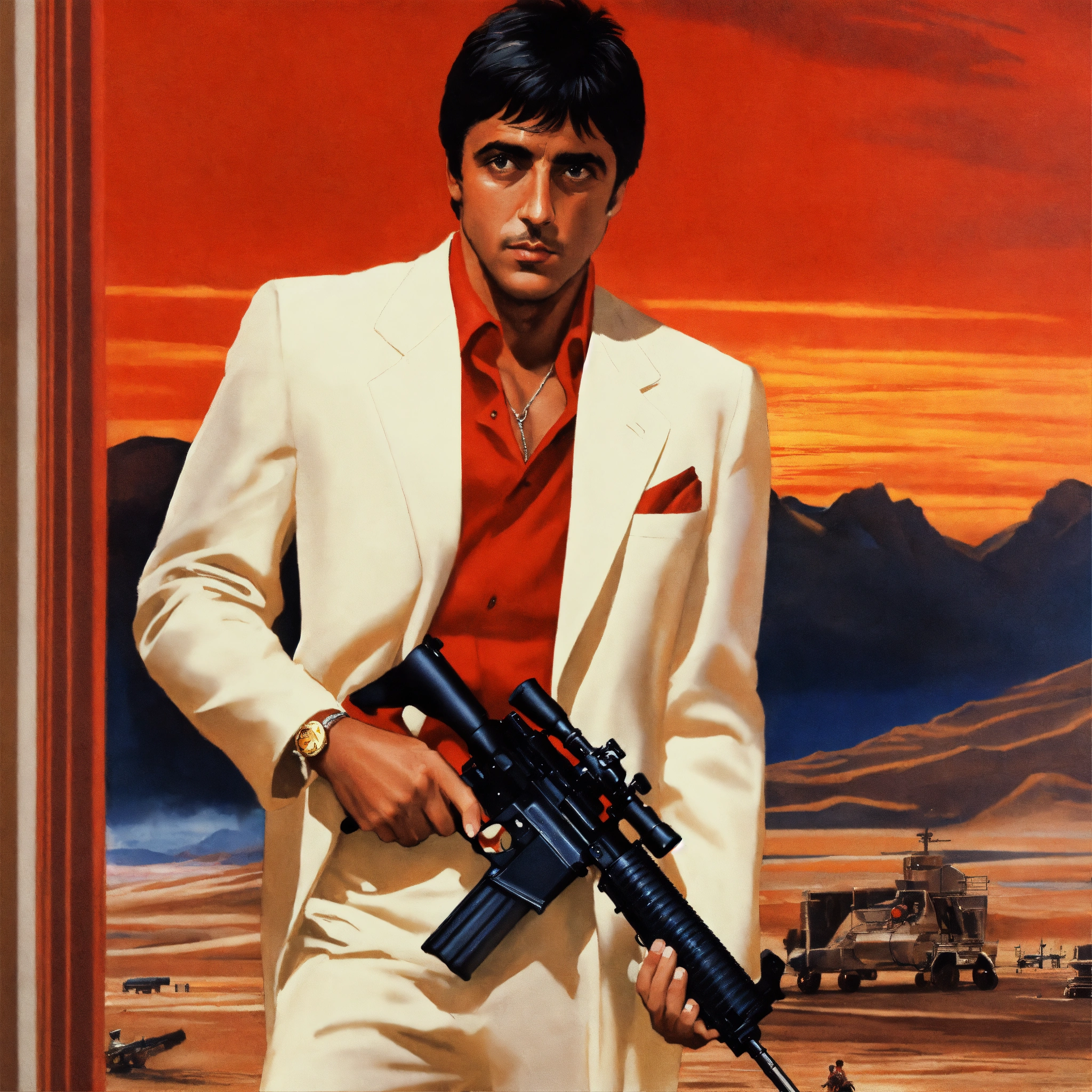 Lexica - Scarface, al paccino, with white costume and red shirt ...