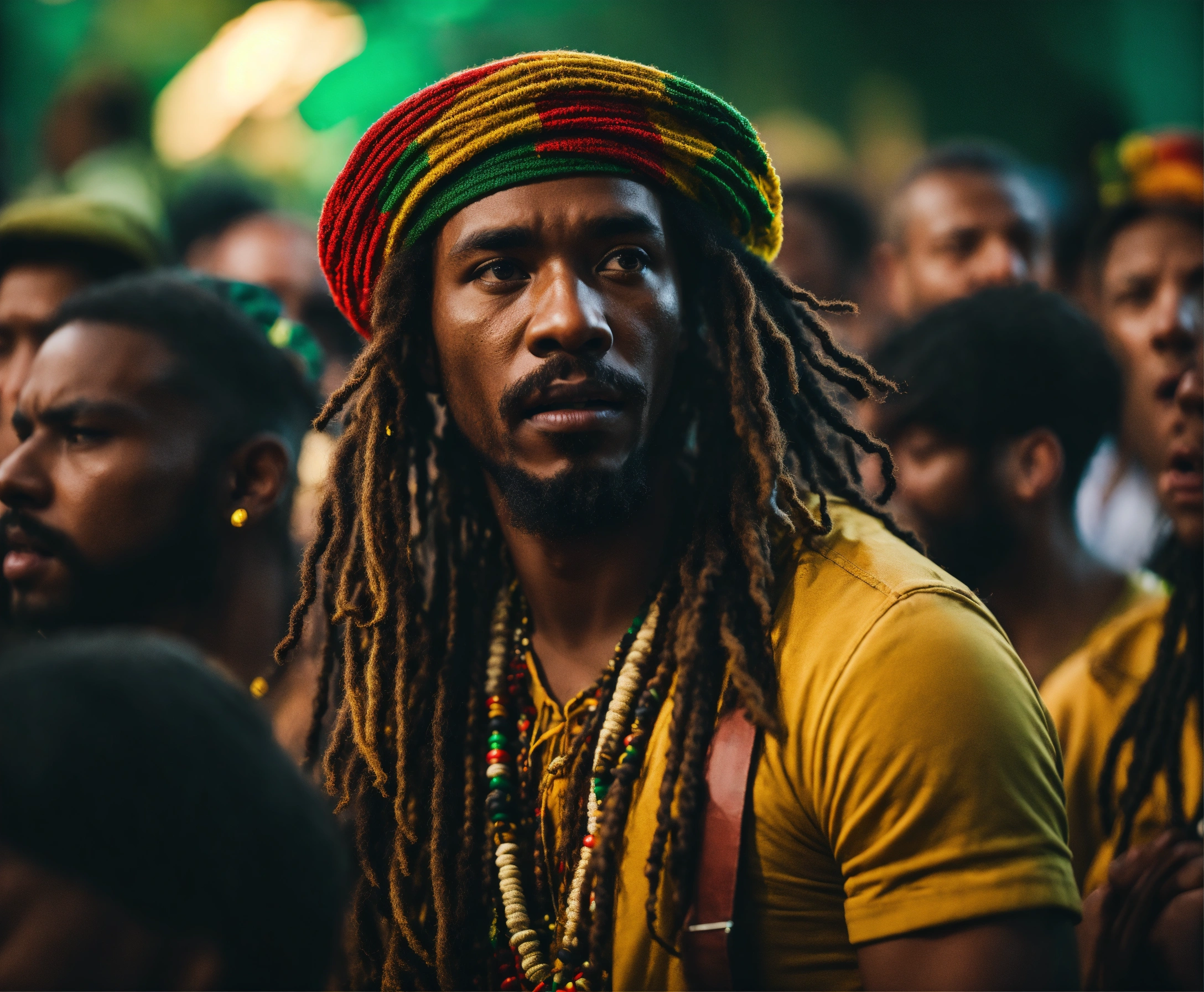 Lexica - Rastafarian with hands-on jaw grip with fear, crowd in the ...