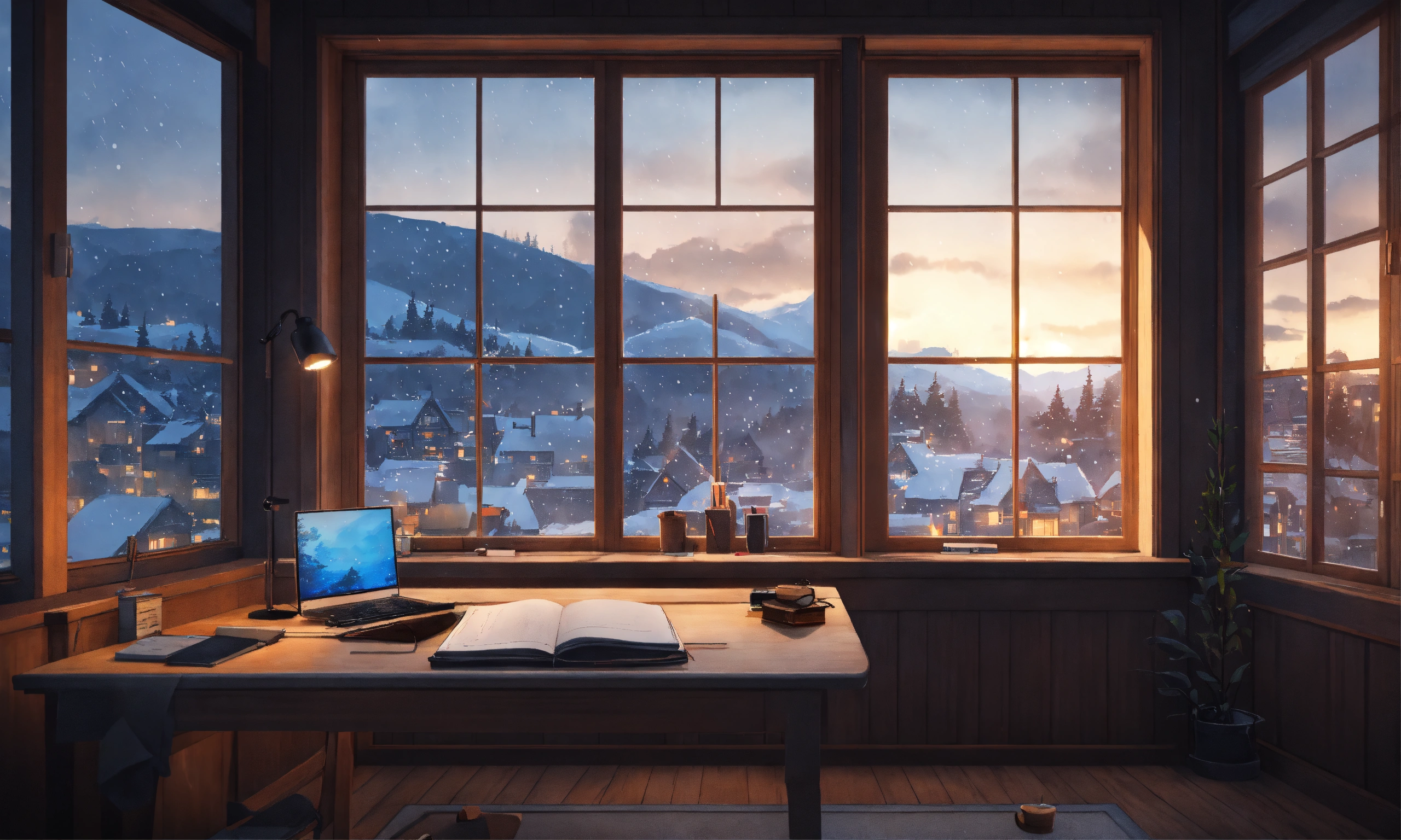 Lexica - Study room in forrest cabin, dark grey washed tints, studio ...