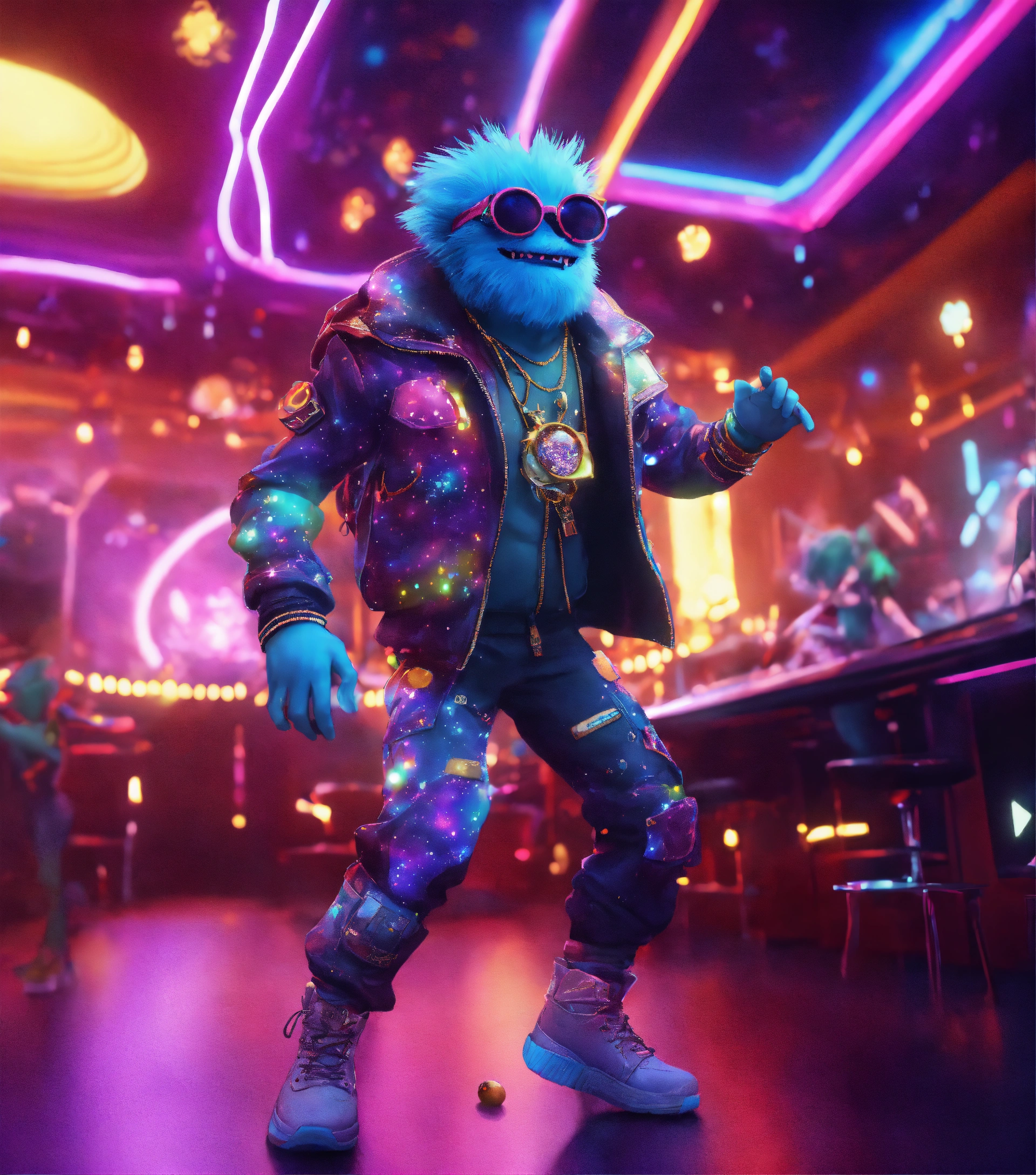 Lexica - Zoom out on funky cartoon MONSTER rockstar wearing cool space ...