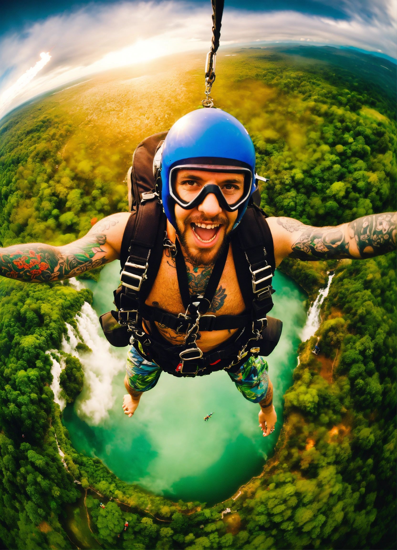 Lexica - Tattoed man with punk style doing skydiving from a exploded ...