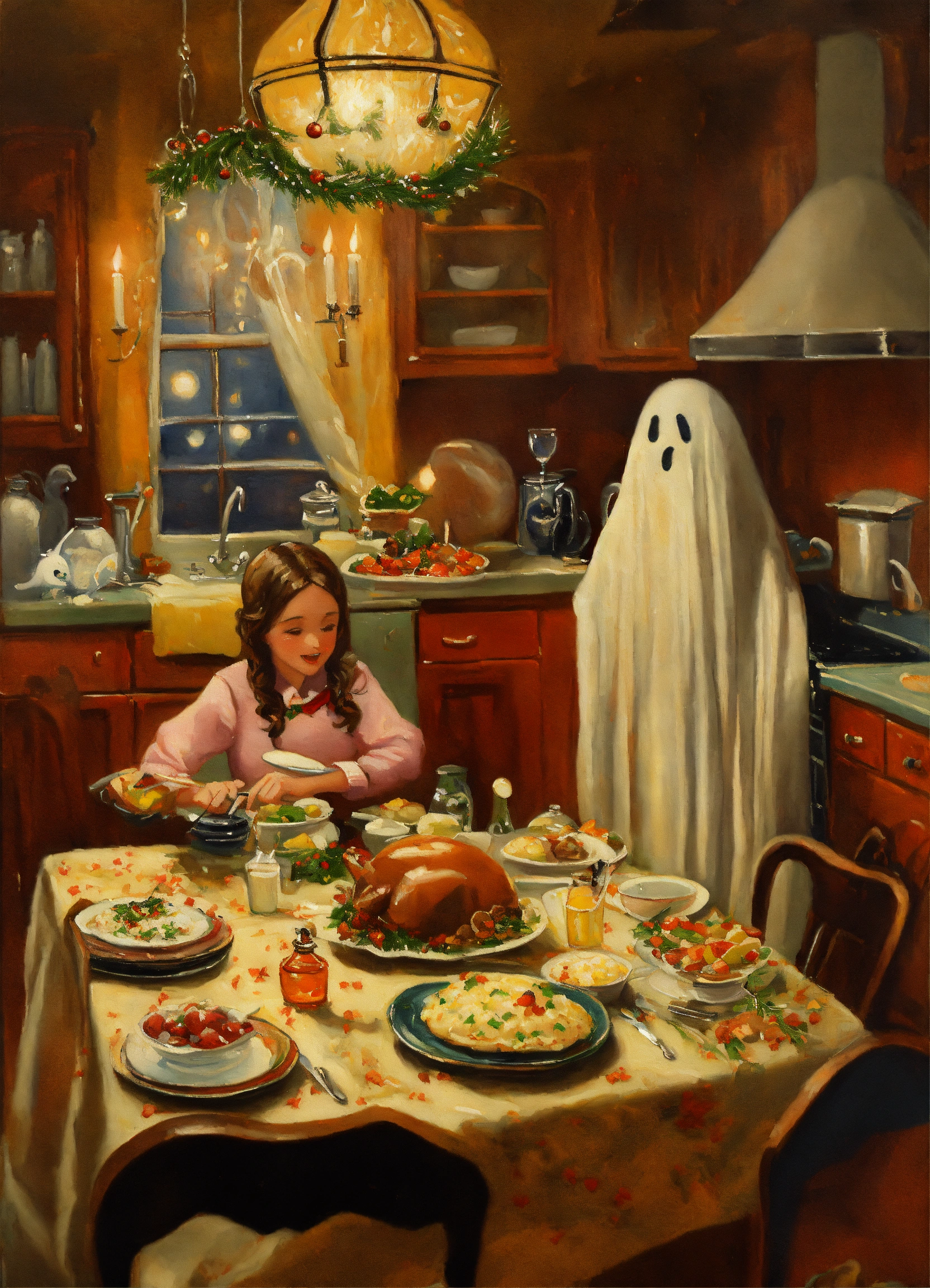 Lexica - Ghosts in a vintage kitchen enjoying their Christmas meals oil ...