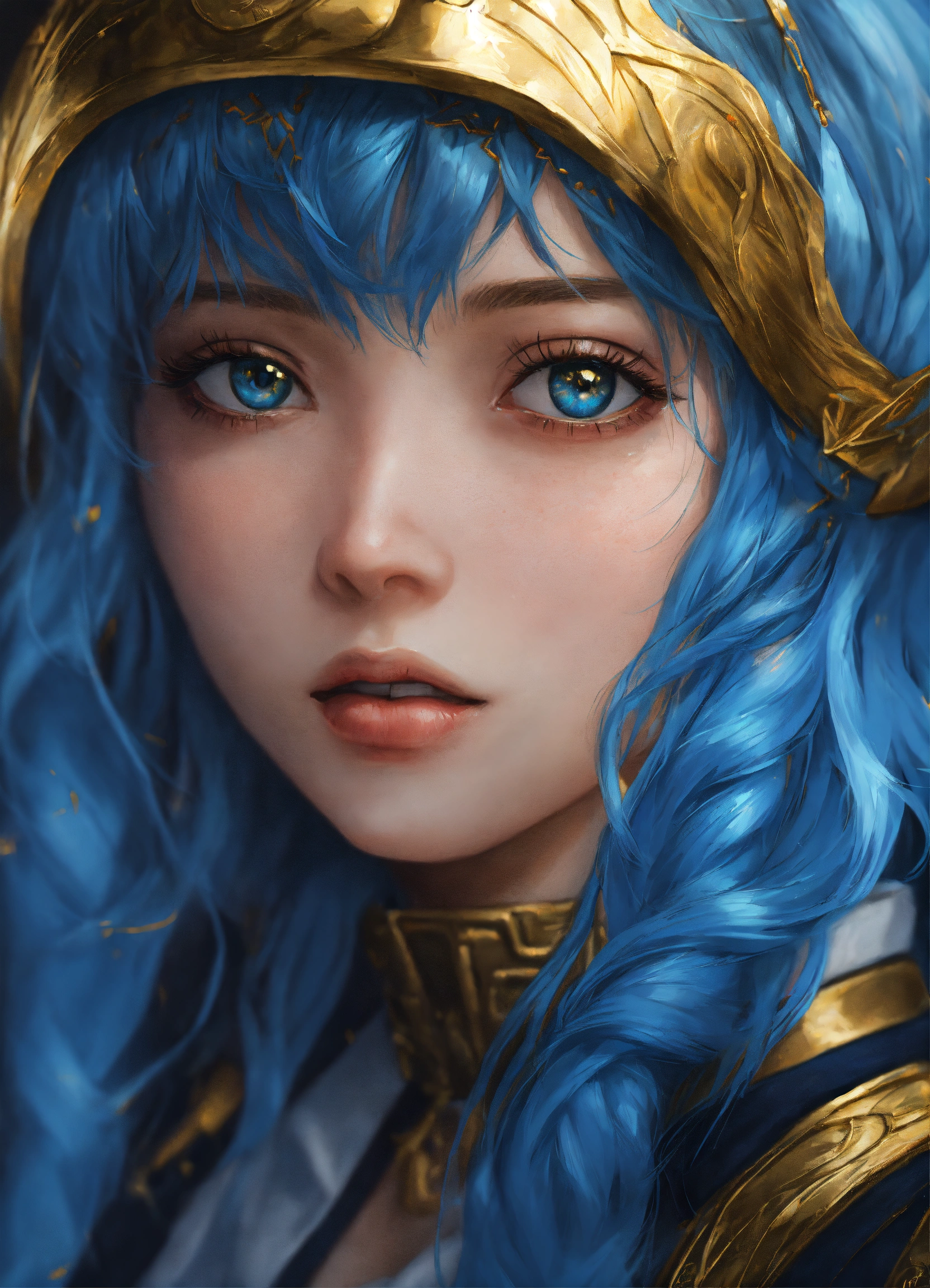 Lexica - Portrait of an anime character hyper realistic blue hair gold eyes