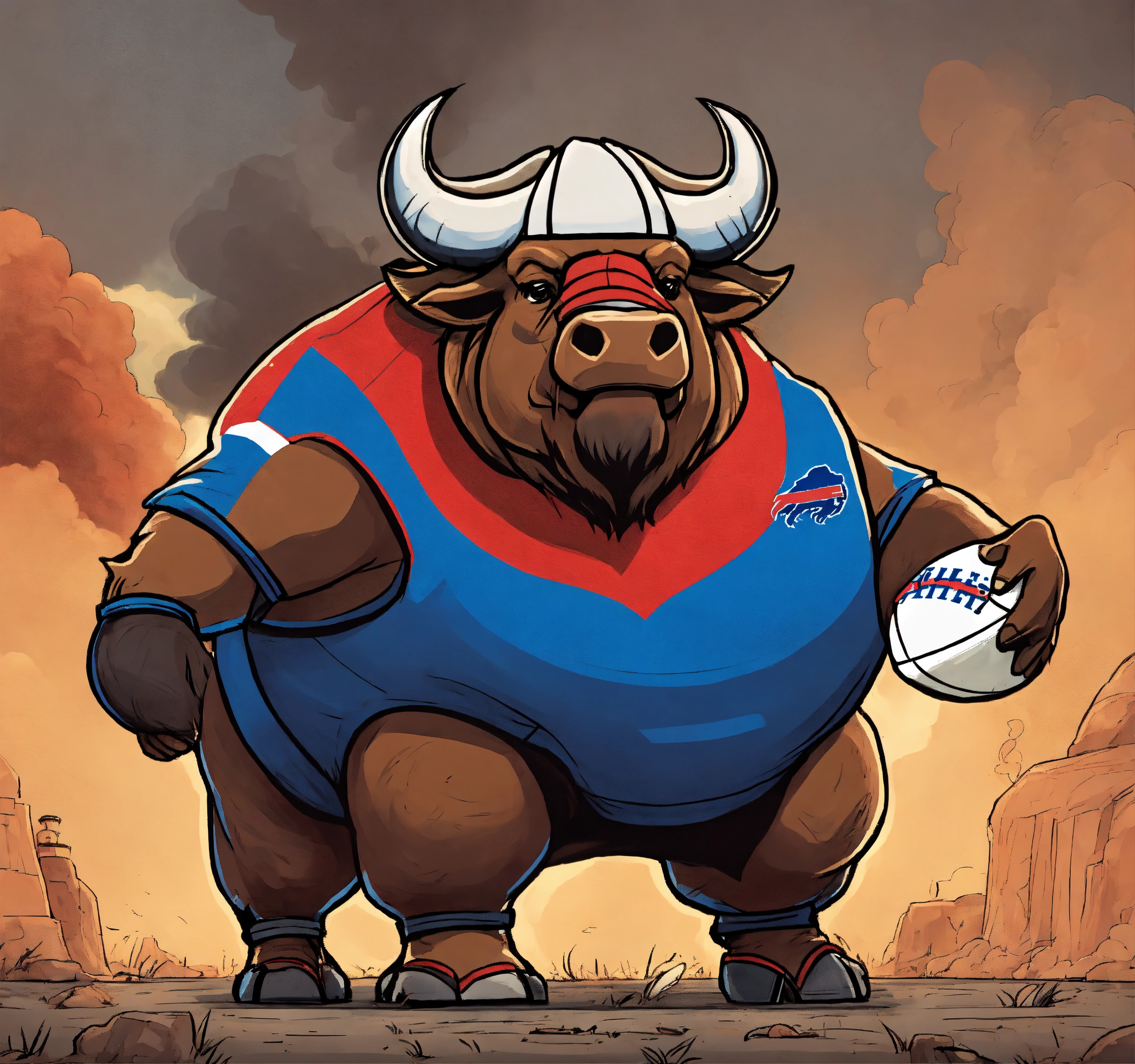 Lexica - Cartoonish Big buffalo wearing buffalo bills uniform holding a ...