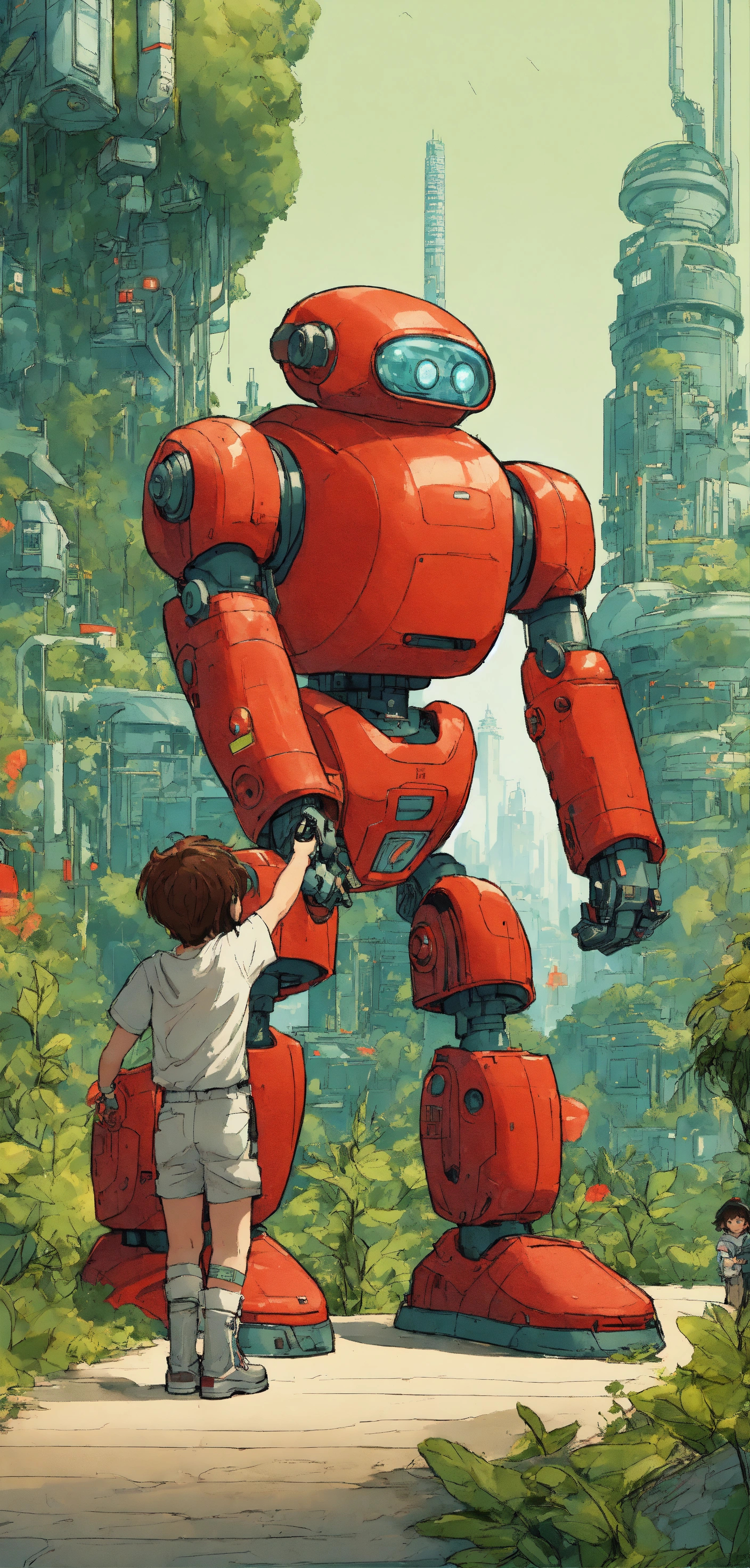 Lexica - Futurepunk style child shaking hands with a red robot. The ...