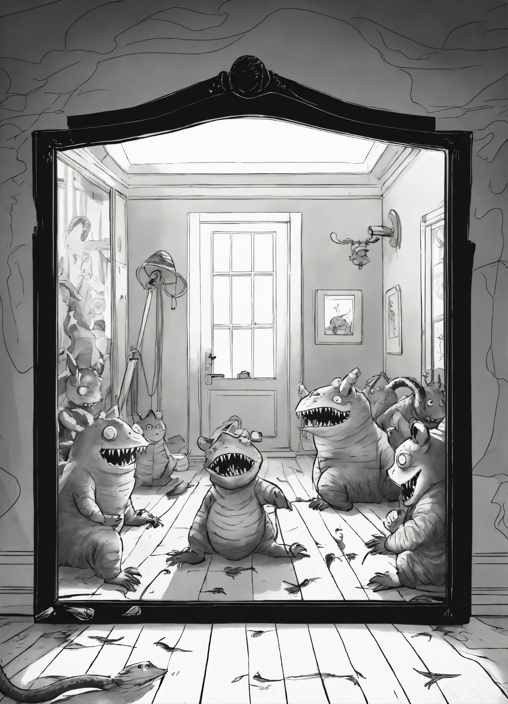 Lexica - Black and white illustration for a children's book. scary ...