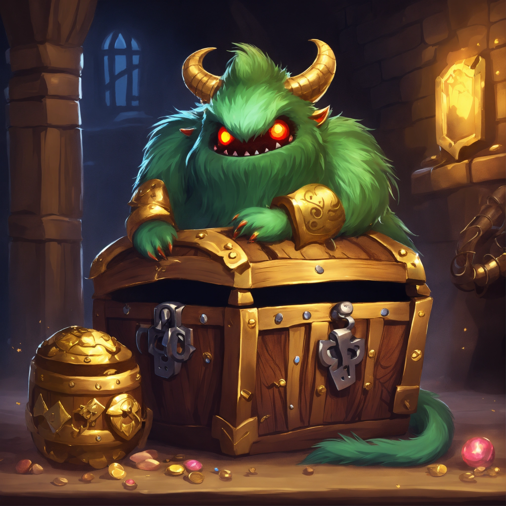 Lexica - Sensei cute monster guarding a medieval treasure chest