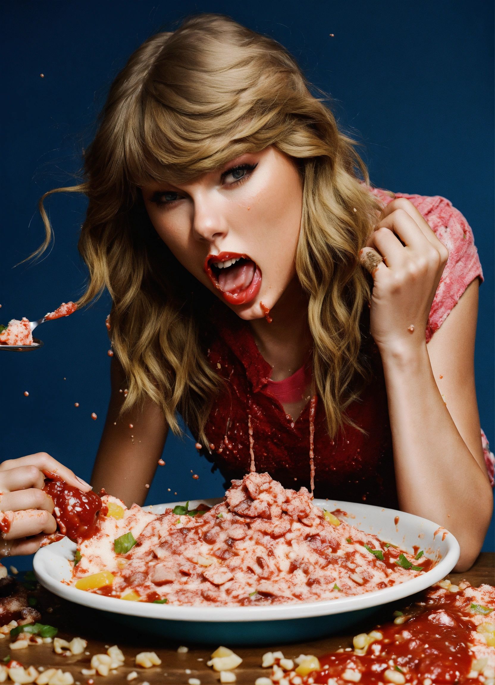 Lexica - Photo realistic shot of taylor swift eating a pile of slop ...