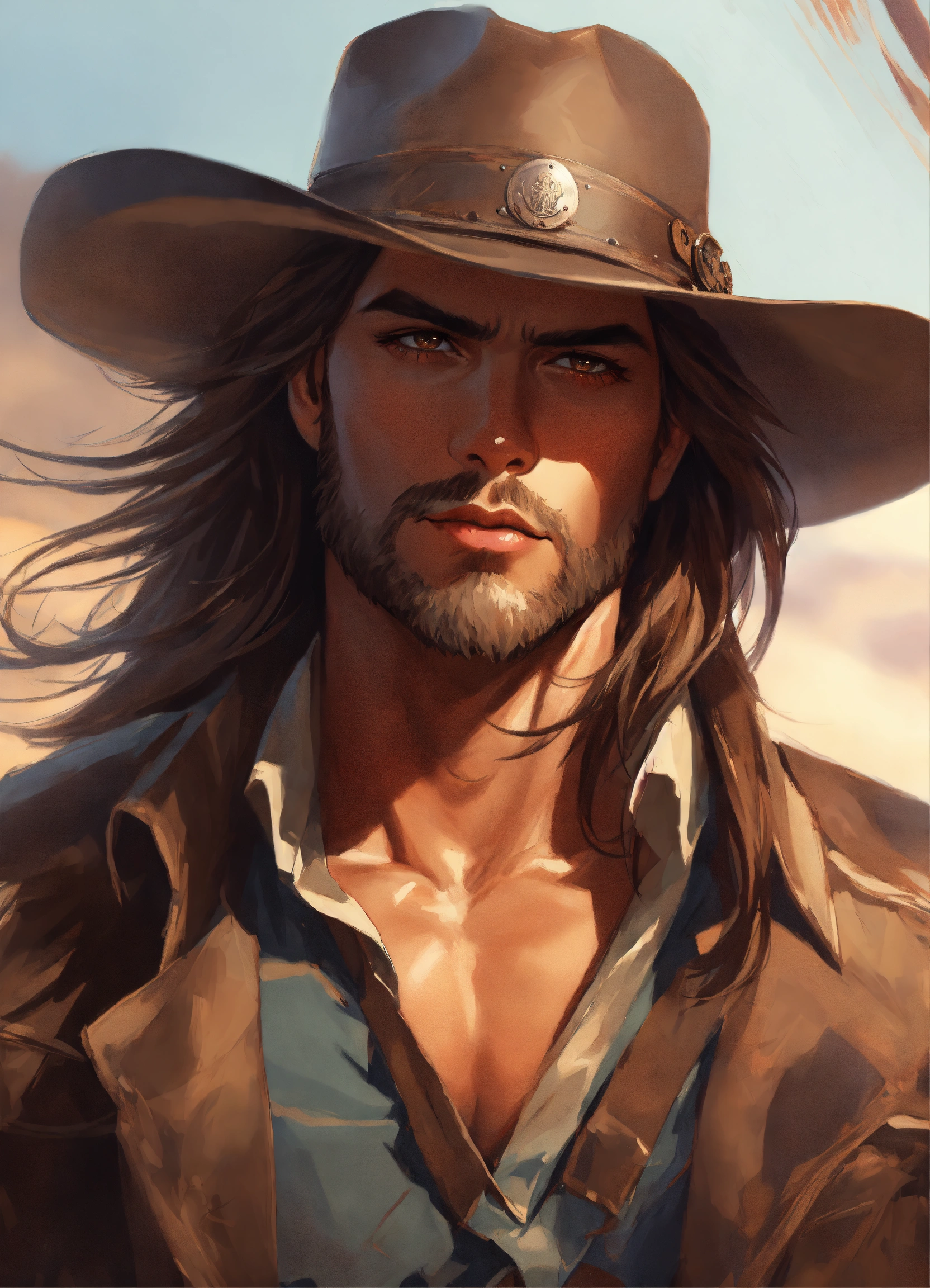 Lexica - Rugged outlaw with long hair, wild west outlaw, portrait ...