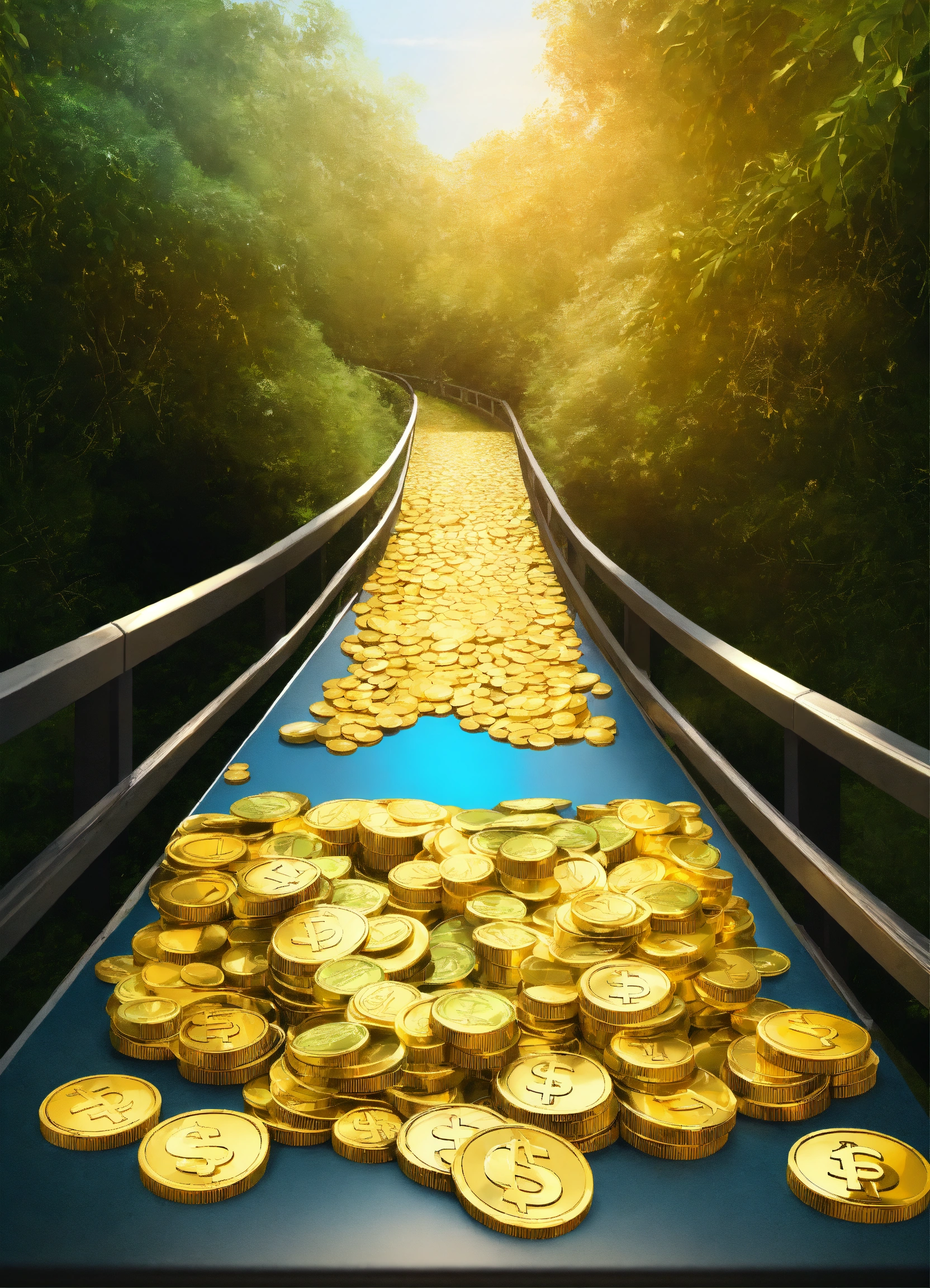 Lexica - A rich pathway full of gold, and money, flat vectors, central justified, in gold green ...