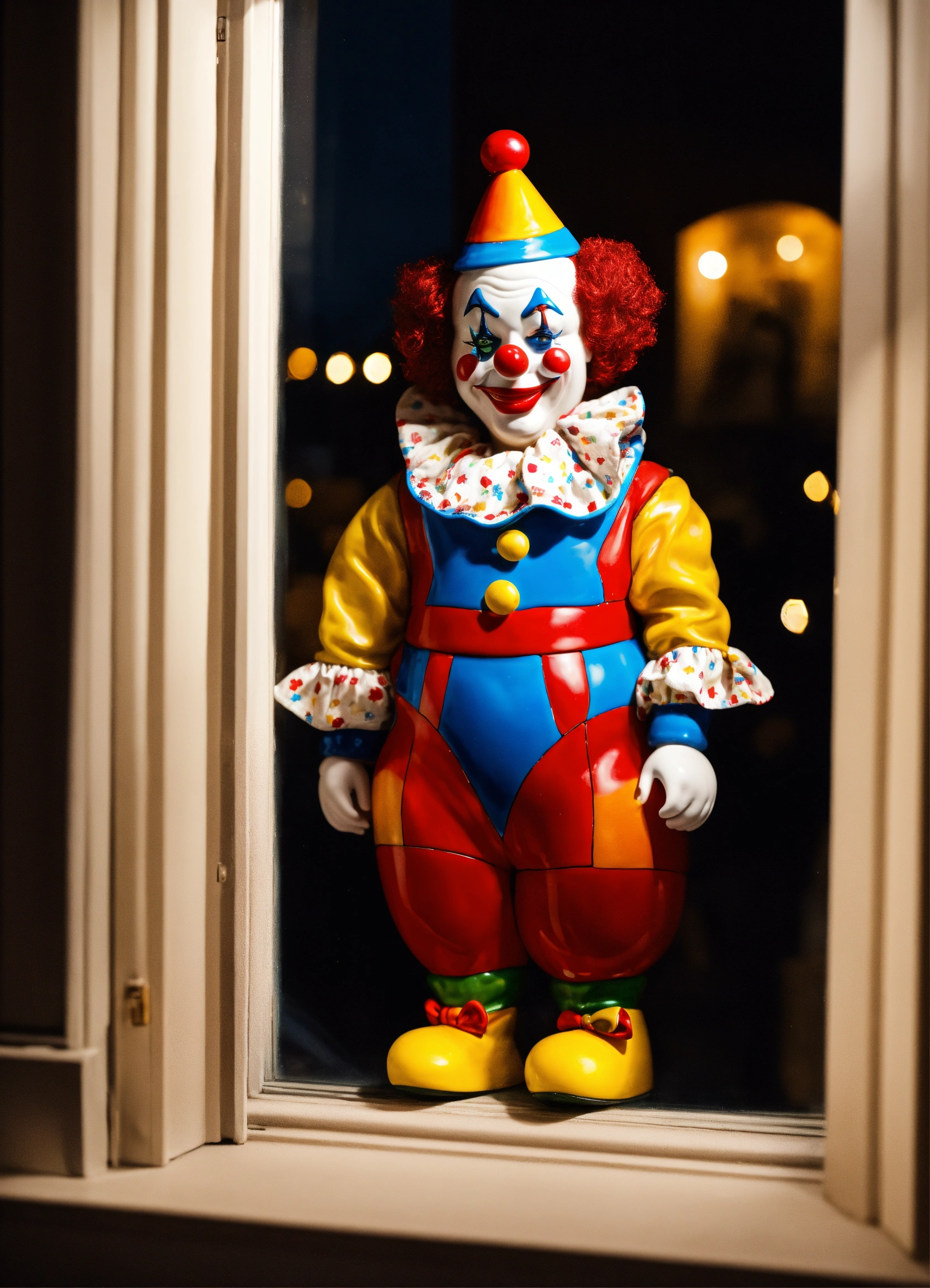 Lexica - A large porcelain toy clown looking into a bedroom window at ...