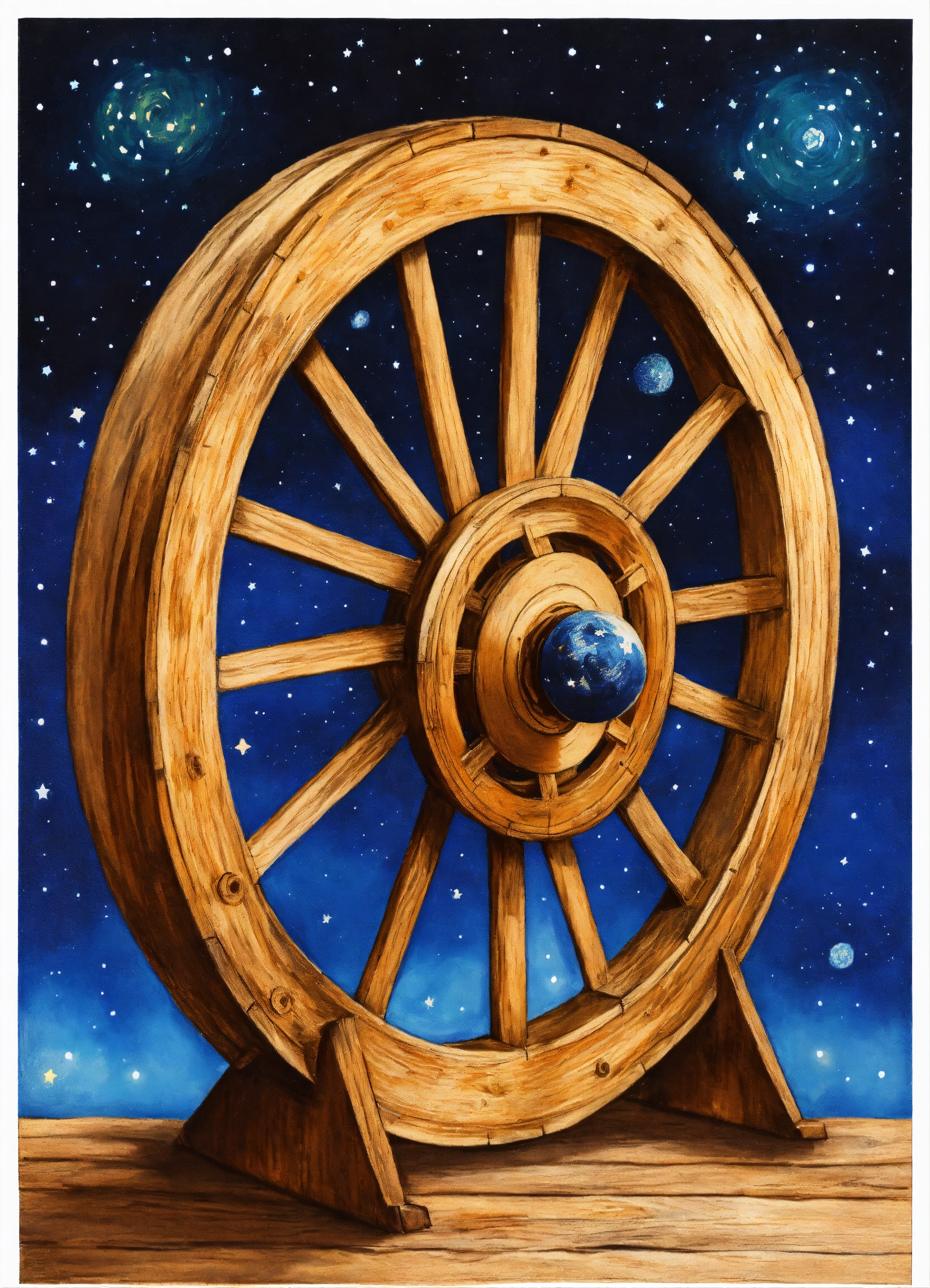 Lexica - Drawing of a wooden wheel, a stellar starry night sky