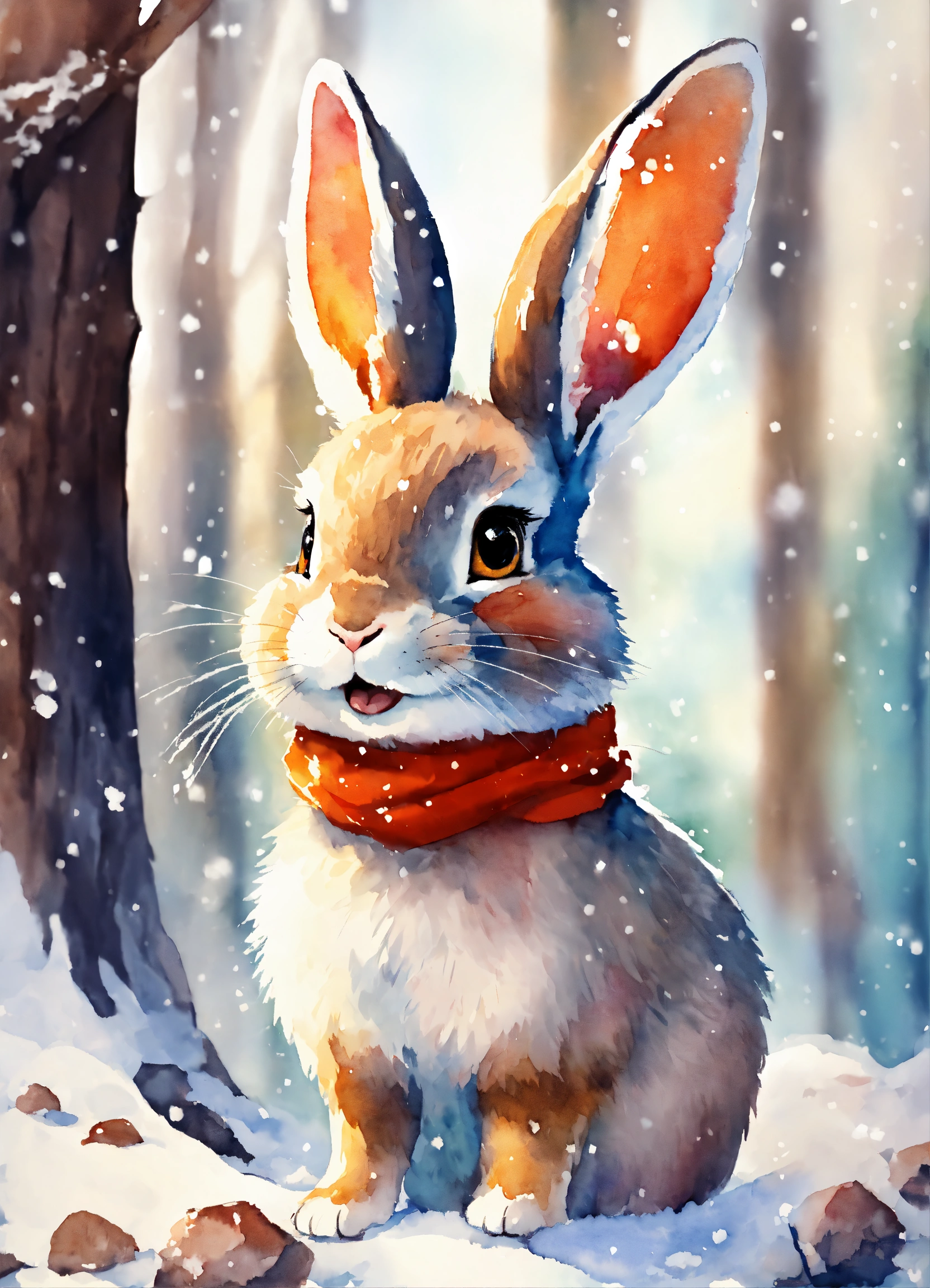 Lexica - A cute happy rabbit in forest ,snow around, watercolor style
