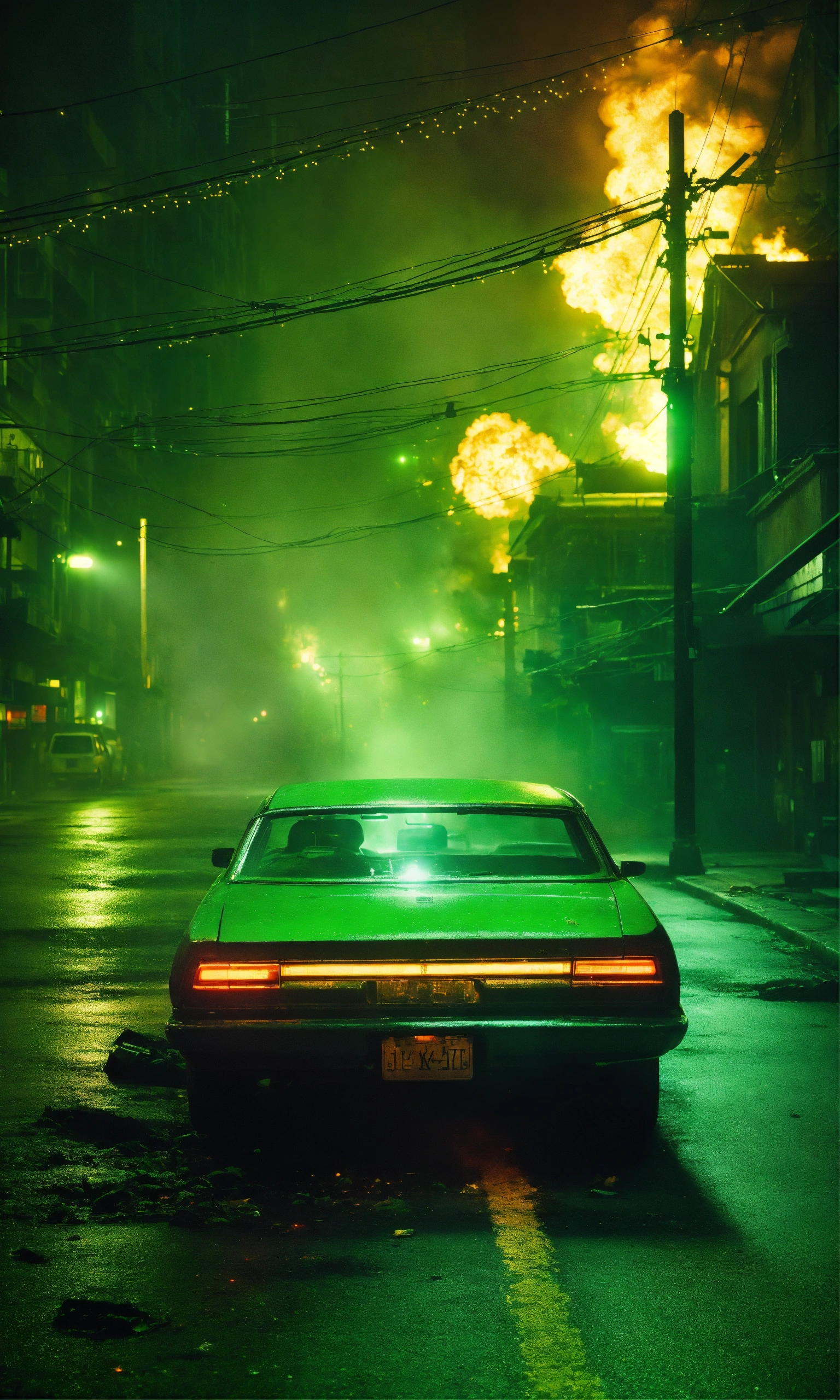Lexica - Night street, photo realistic, matrix ambience, big explosion ...