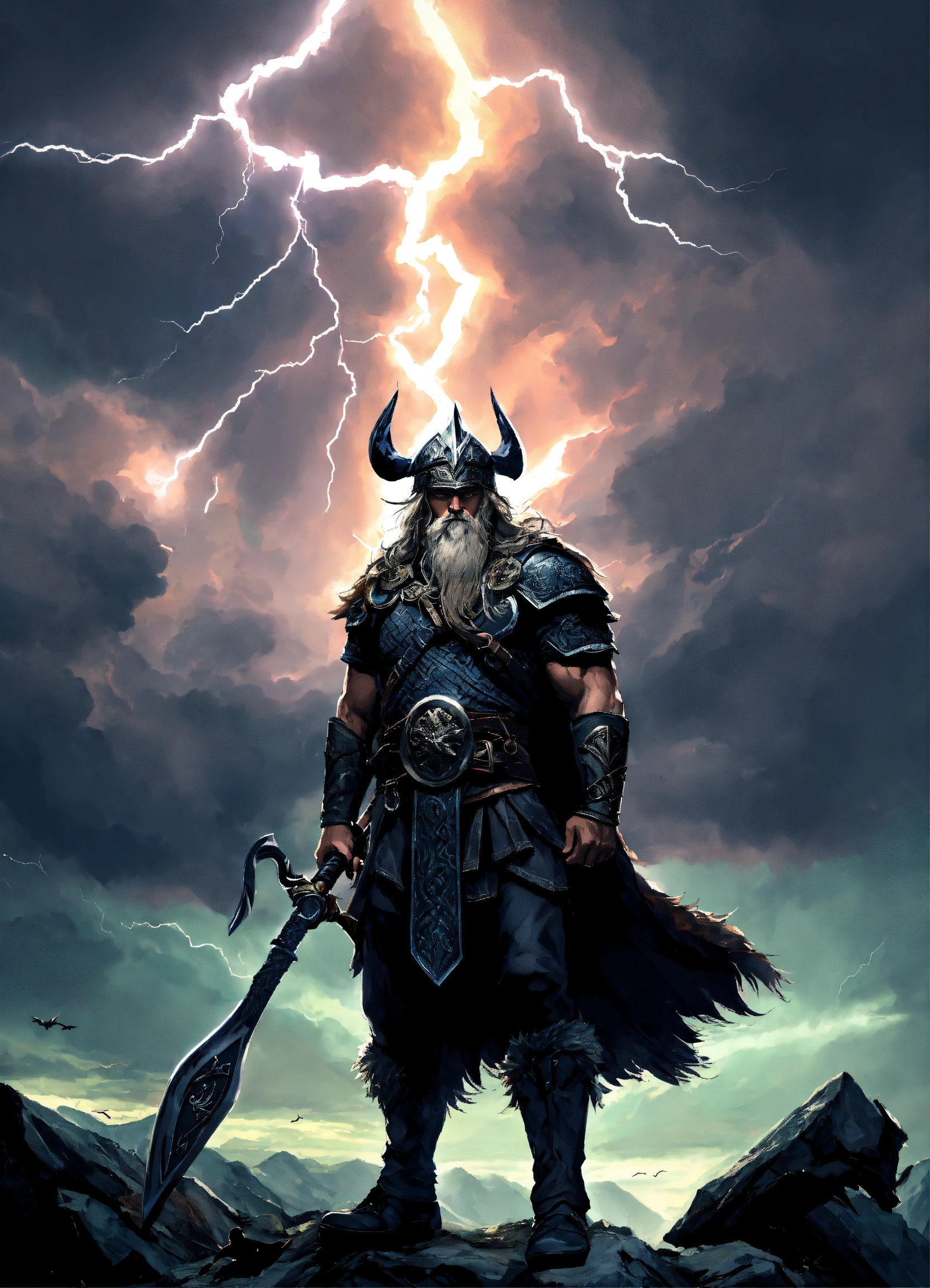 Lexica - Odin, axes, ravens in background, dramatic, lightning, warrior ...