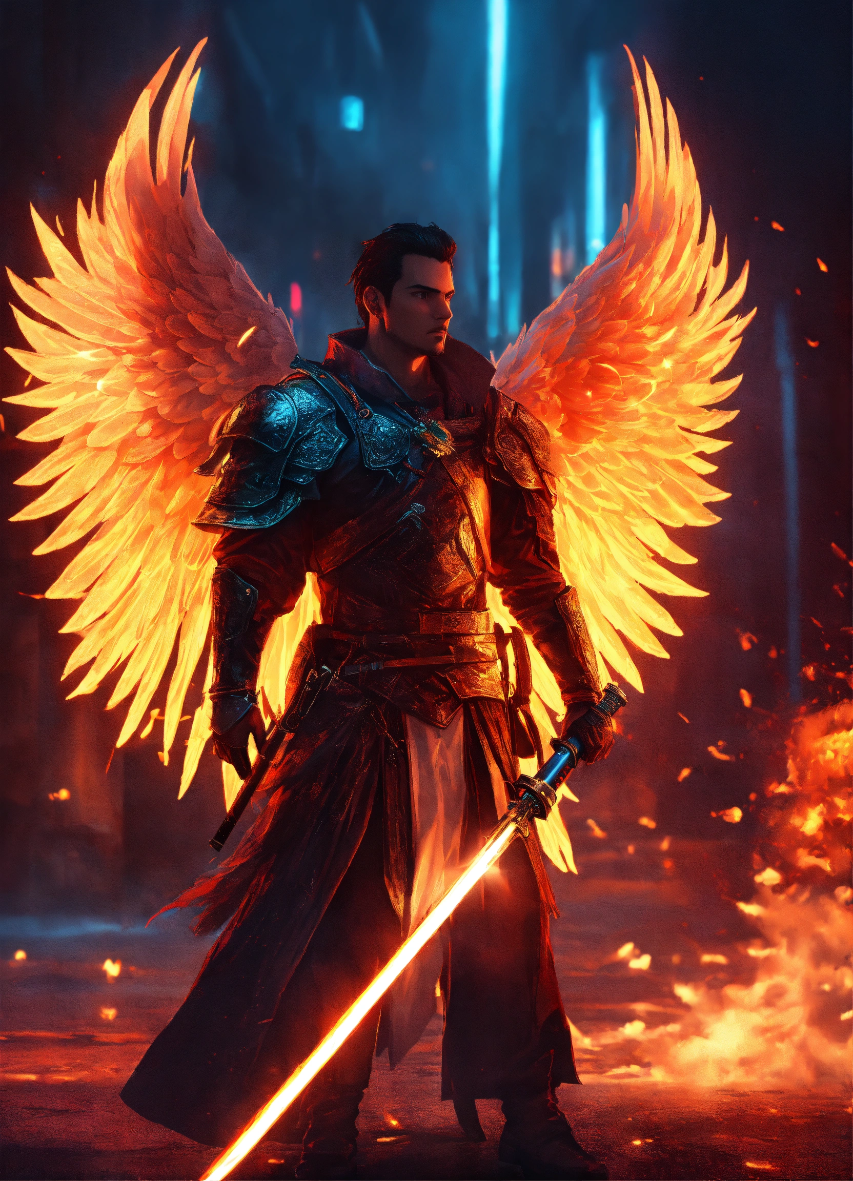 Lexica - Angel Miguel with fire sword, ultra definition, neon lights ...