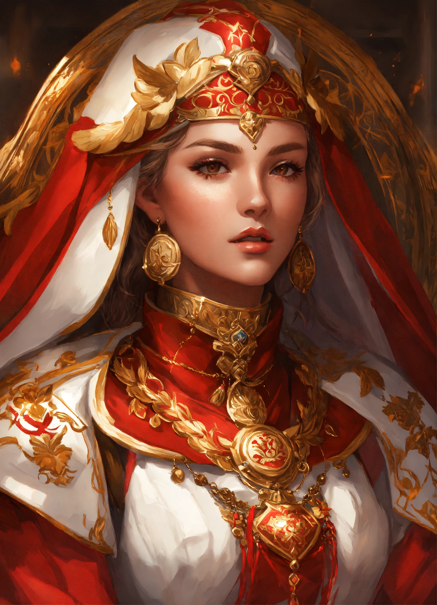 Lexica - Praios female cleric, red and white clothes, gold details ...