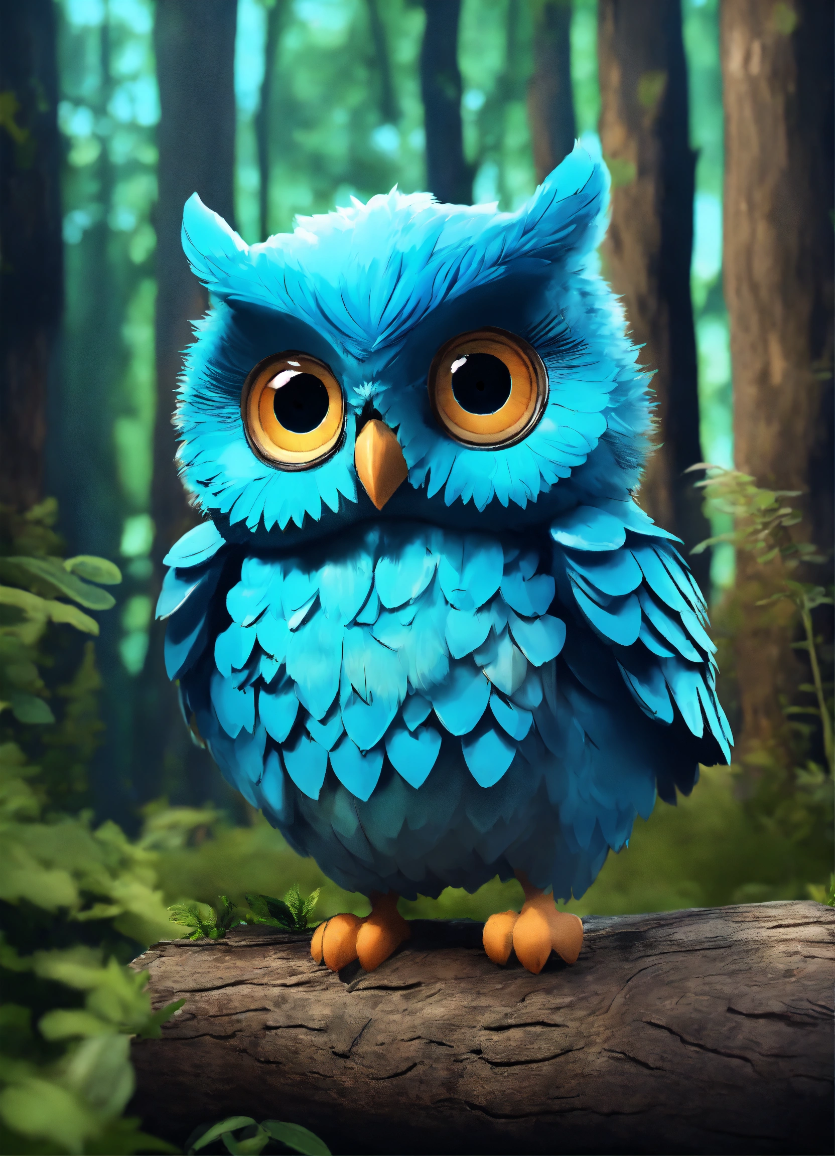 Lexica - A cute all blue baby owl with big eyes in the forest animated ...