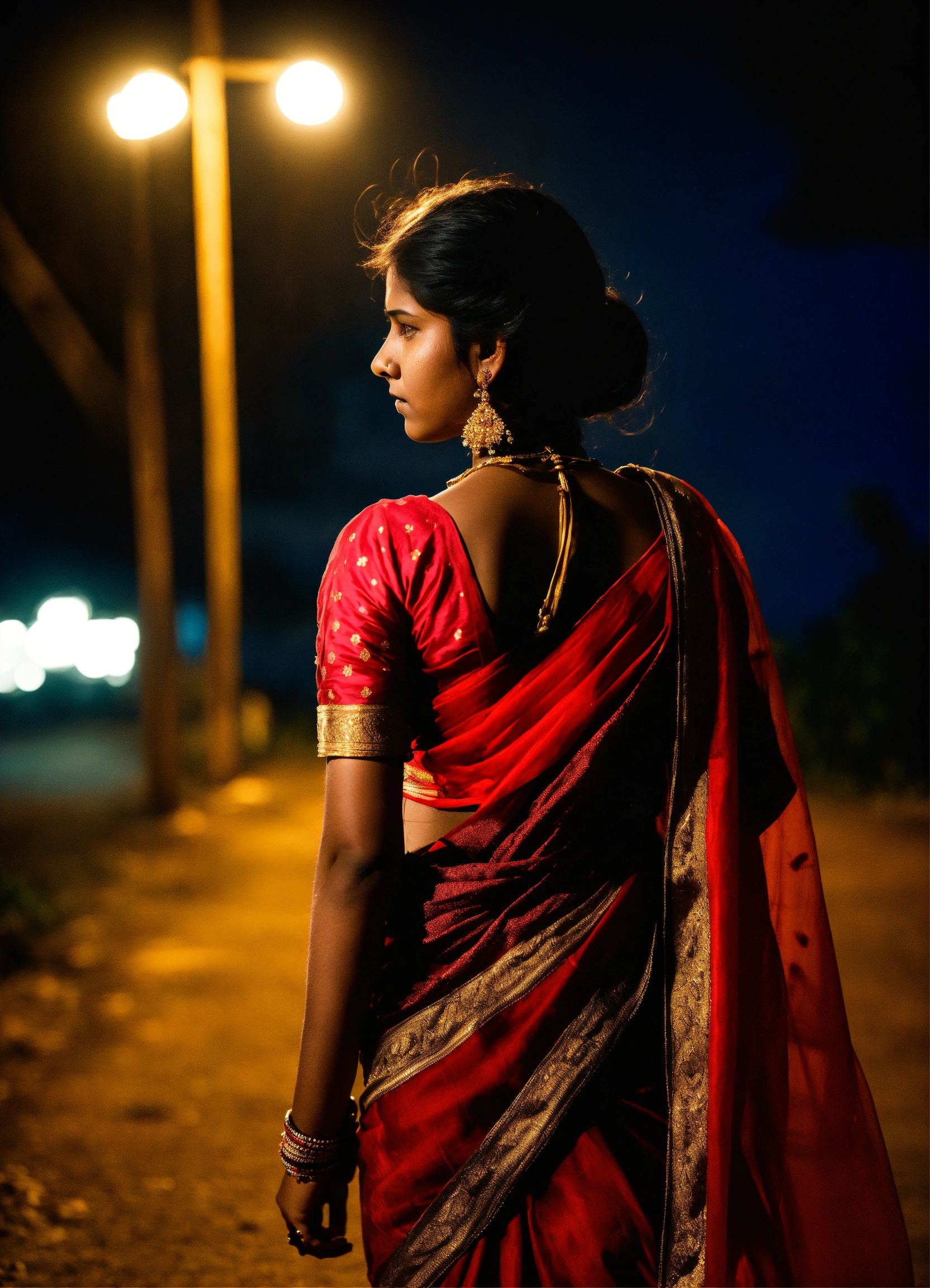 Lexica - Back with sadness indian sare girl going on road dark night walk