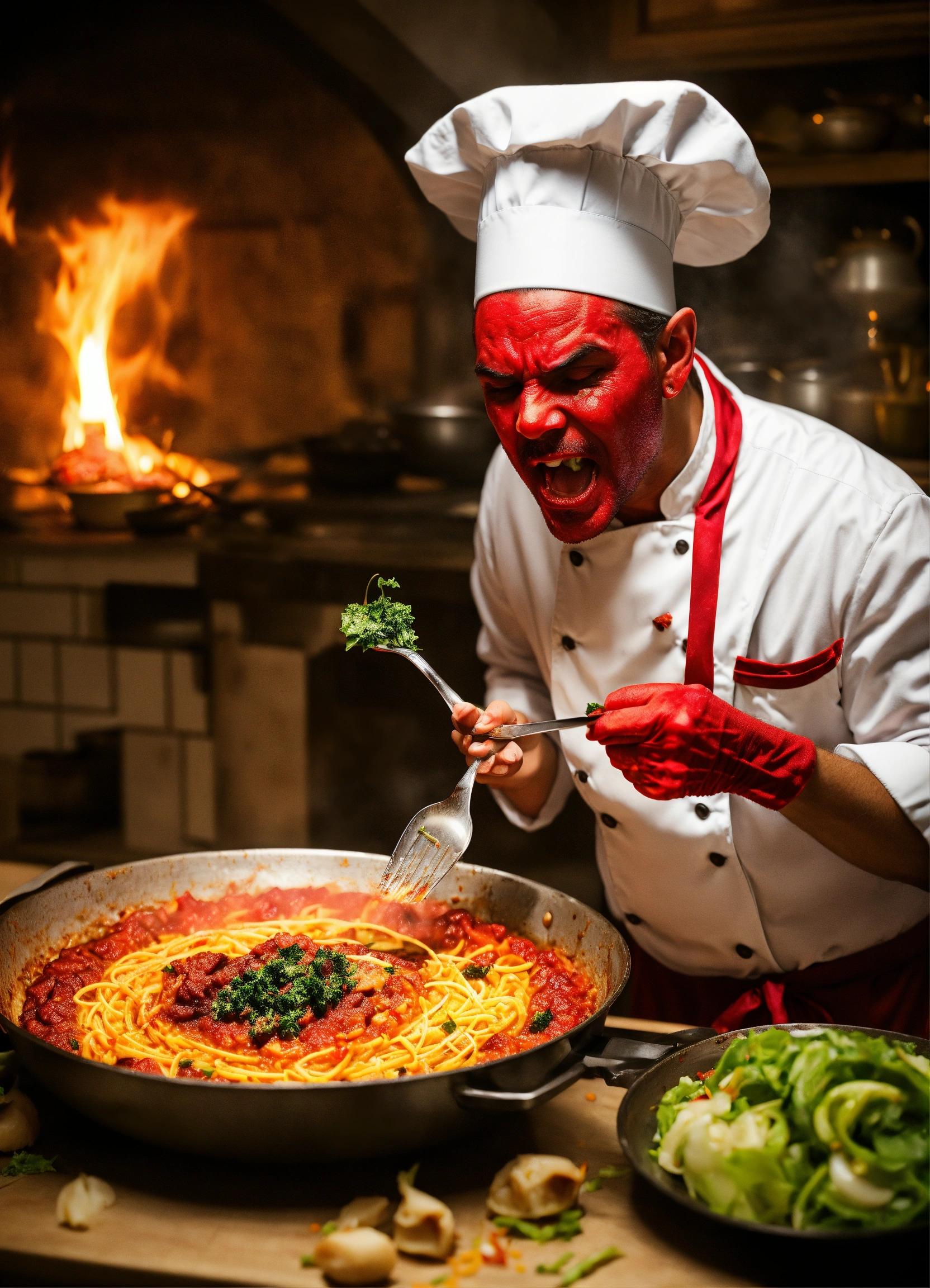 Lexica - Satan disguised as a chef casting his spell on the food