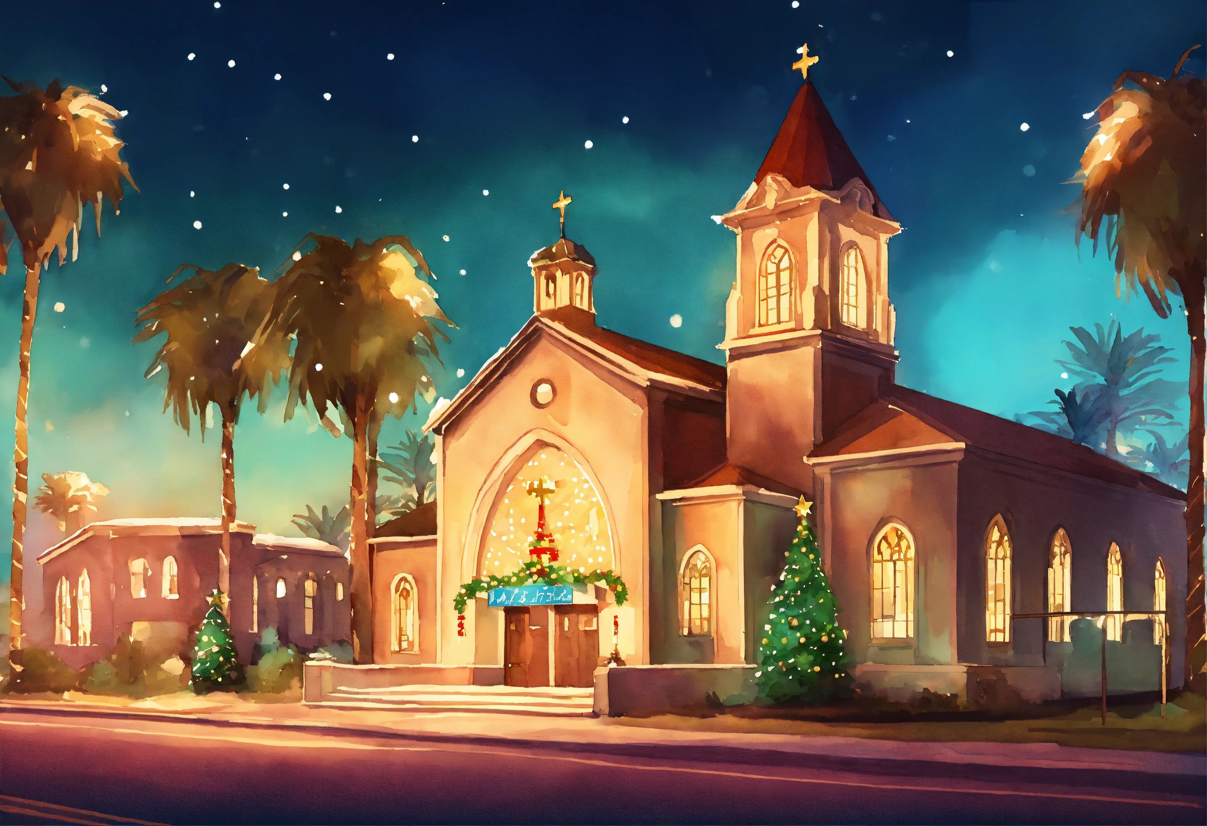 Lexica - Baptist Church façade at Christmas in sunny California. Lit ...