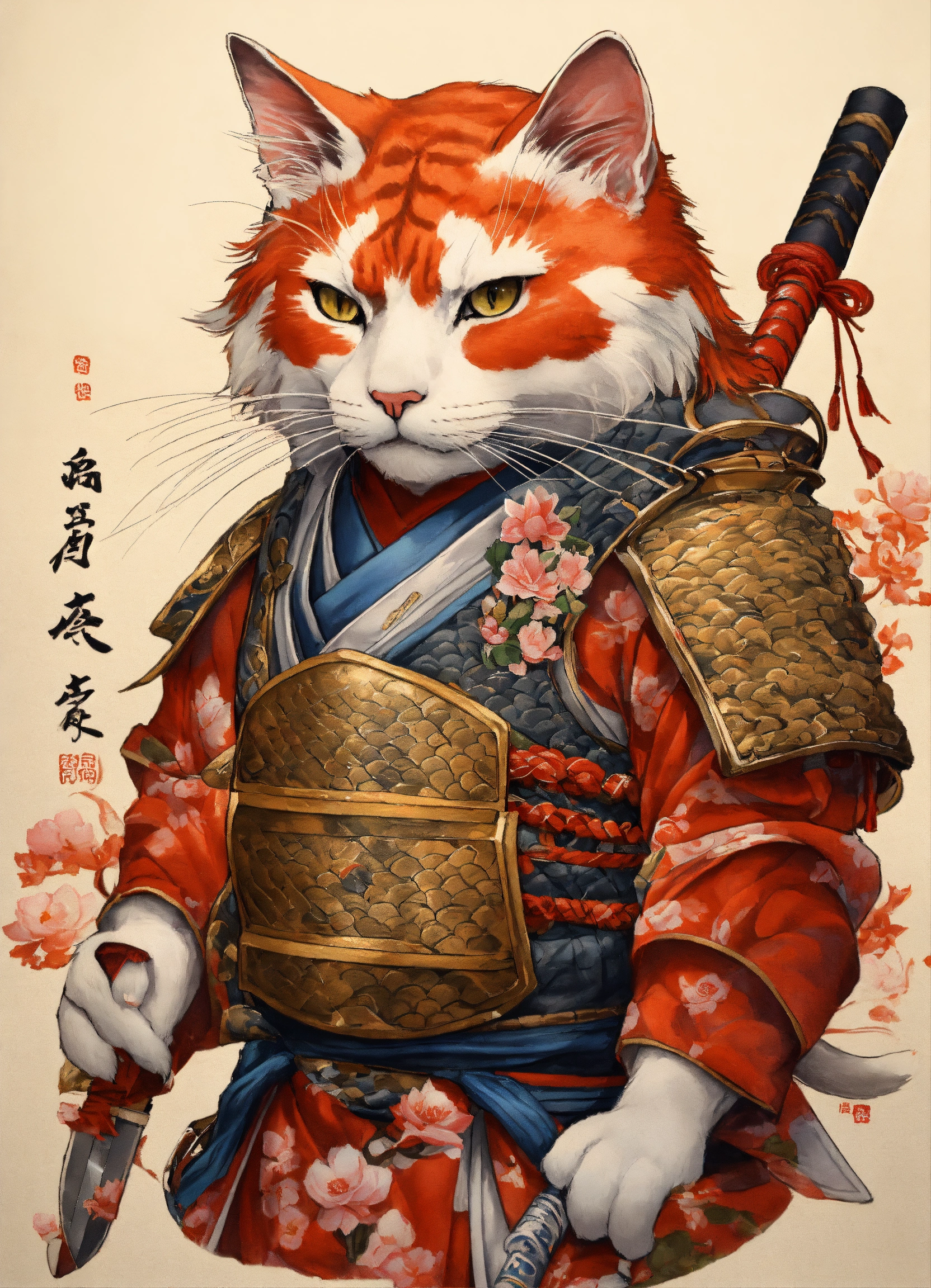 Lexica - There is a cat with a big carp koi and a sword on a white ...